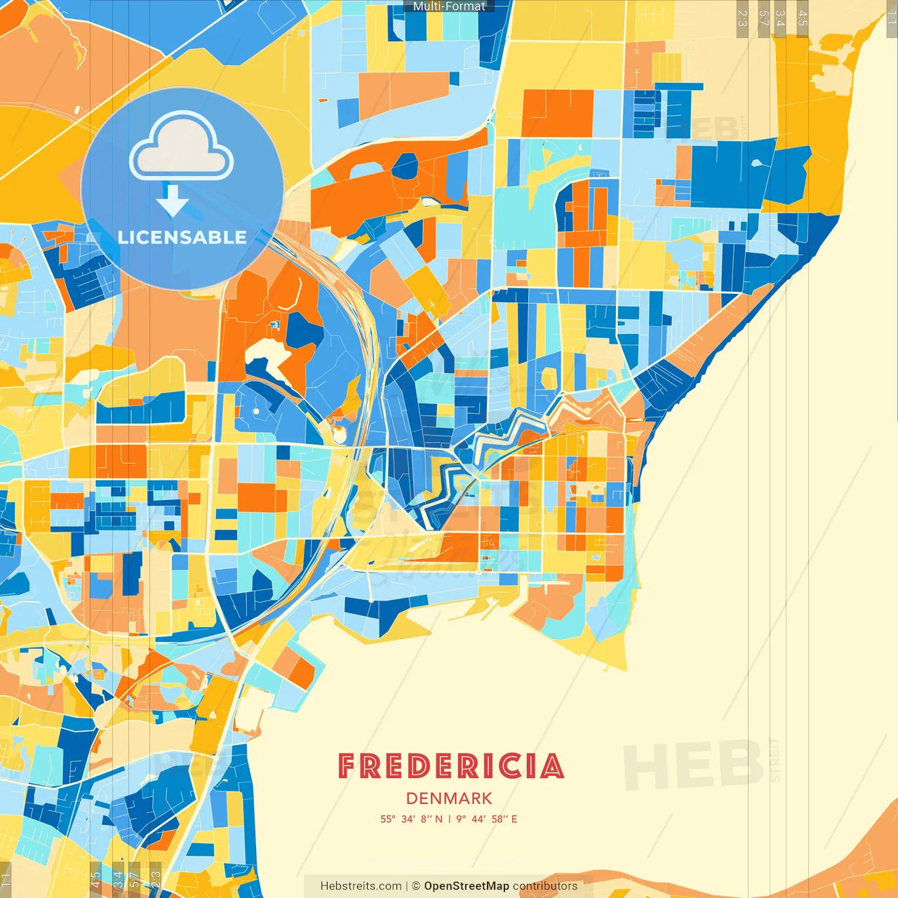 Fredericia, Denmark Blue And Orange Vector Art Map Template – HEBSTREITS