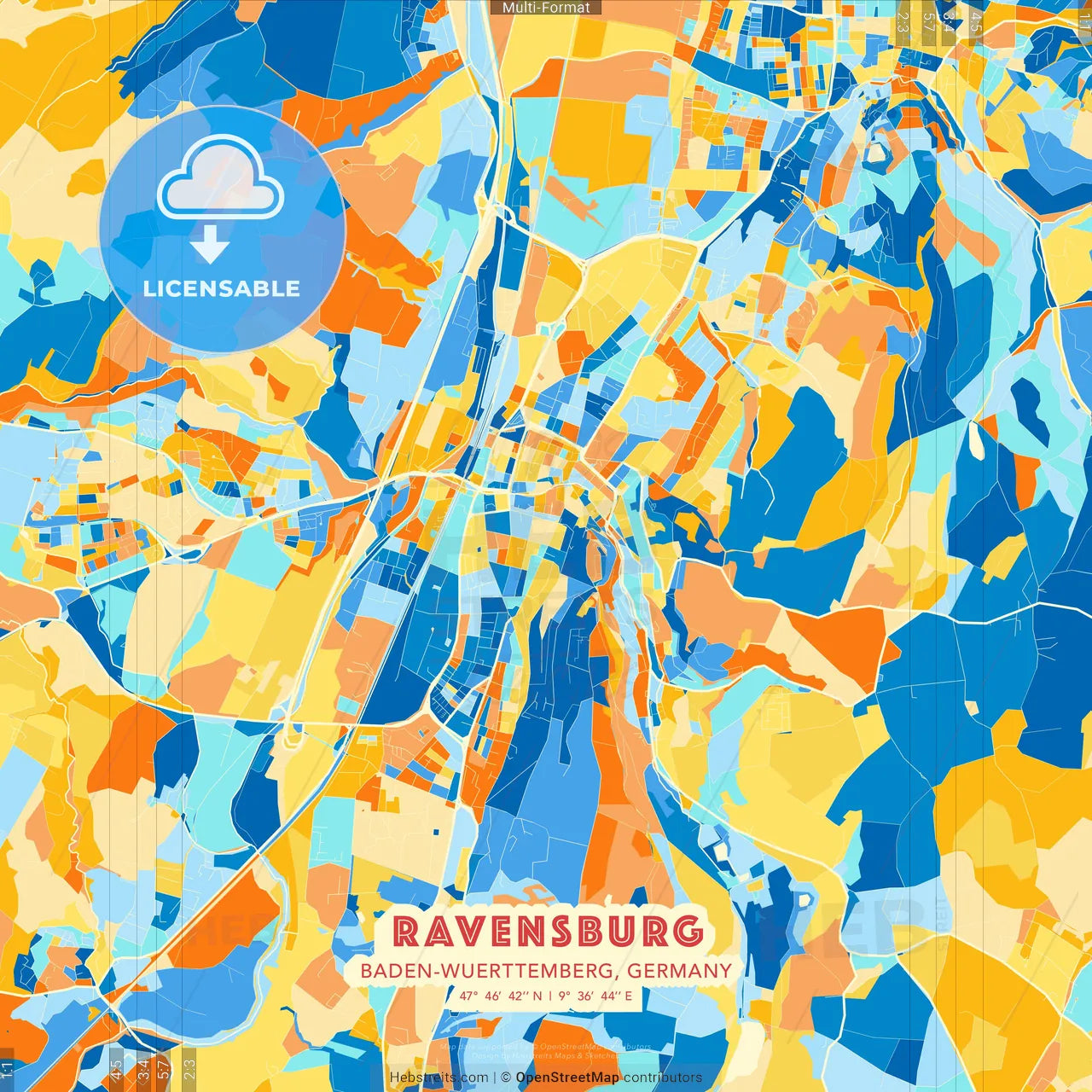 Ravensburg, Baden-Wuerttemberg, Germany Blue And Orange Vector Art Map ...