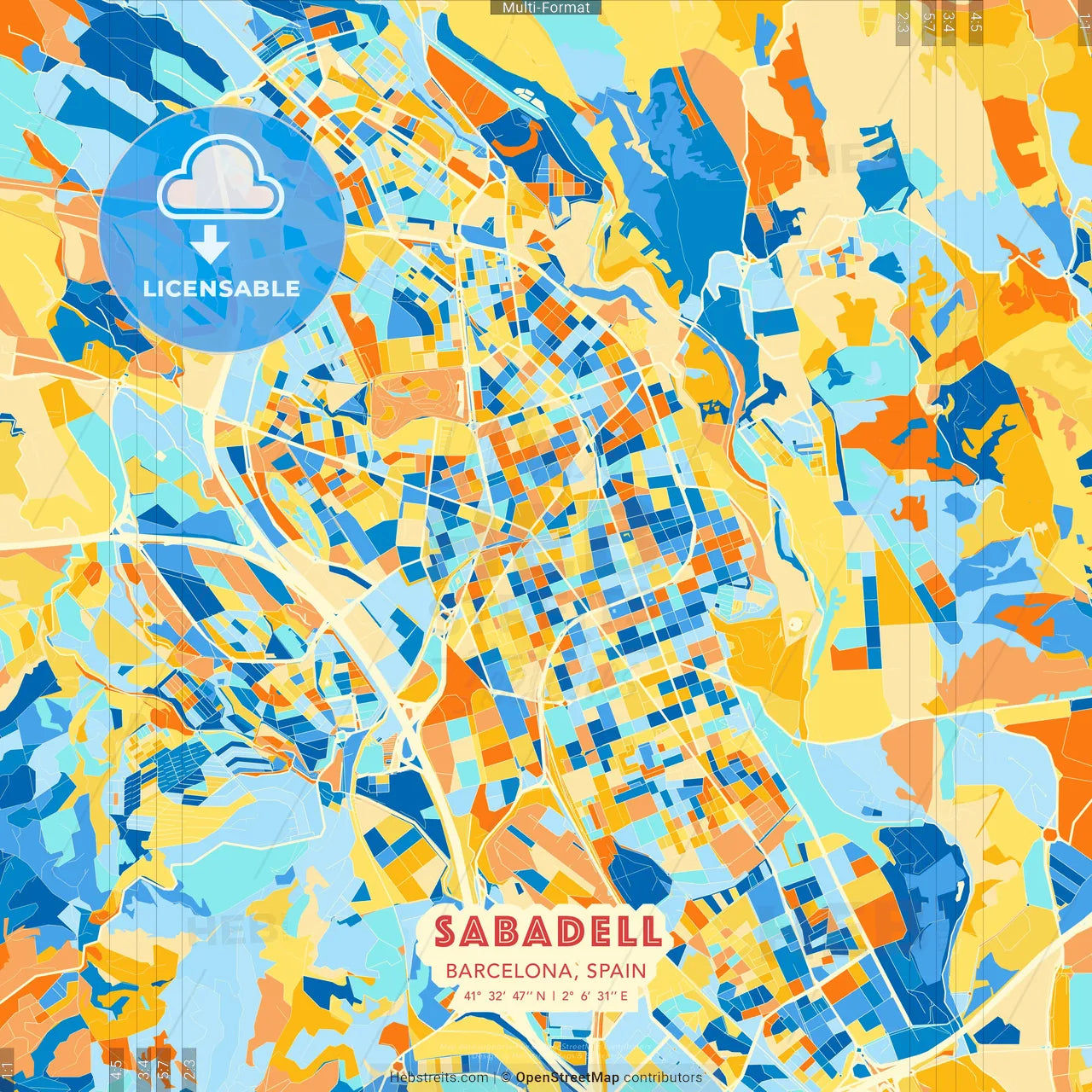 Sabadell, Barcelona, Spain Blue And Orange Vector Art Map Template ...