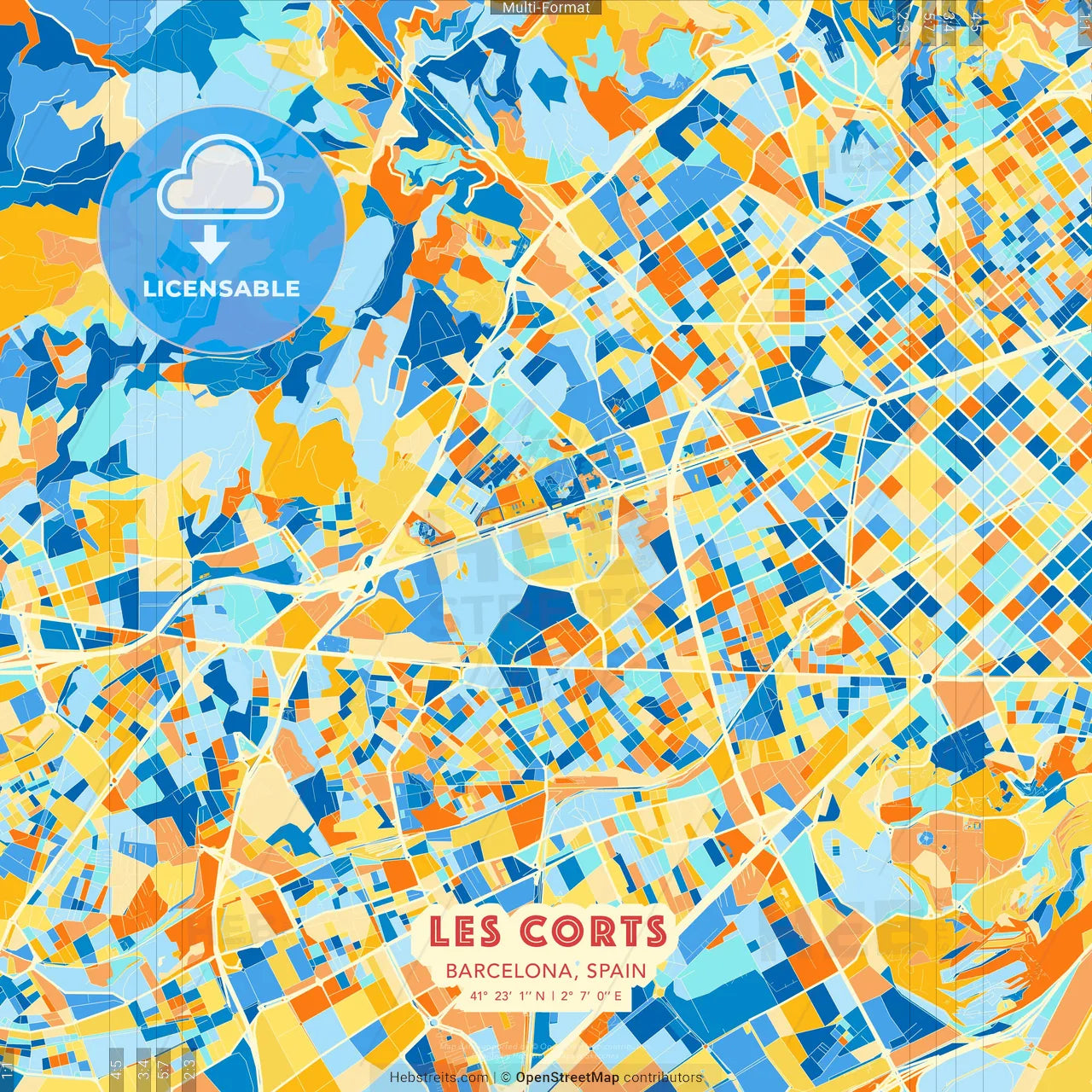 Les Corts, Barcelona, Spain Blue And Orange Vector Art Map Template ...