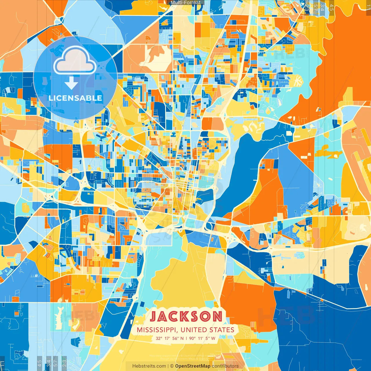 Jackson, Mississippi, United States Blue And Orange Vector Art Map ...