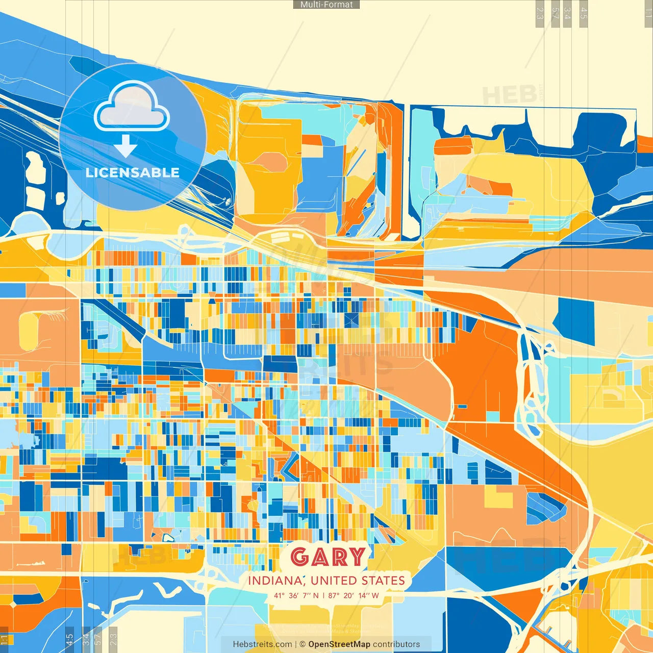 Gary, Indiana, United States Blue And Orange Vector Art Map Template ...