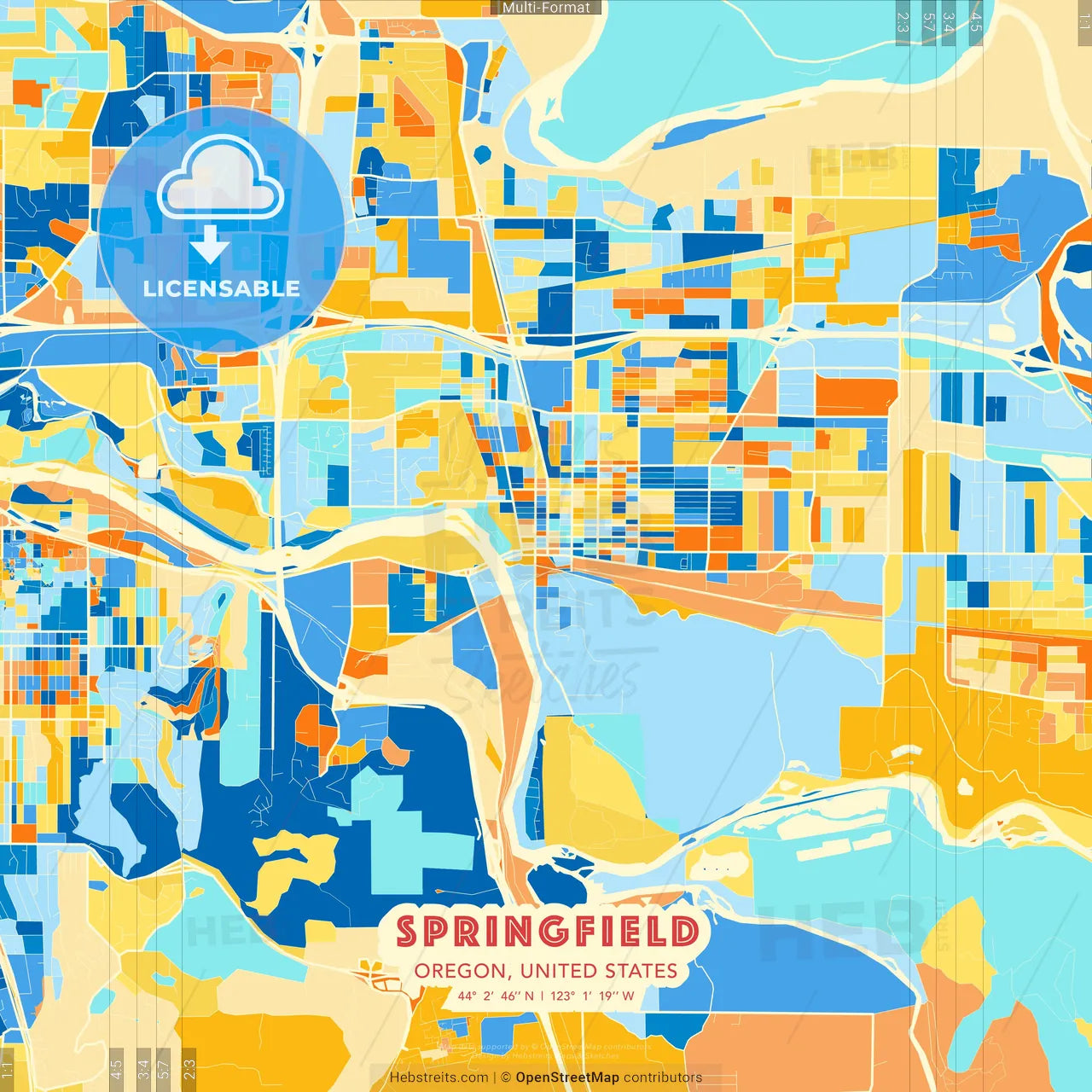 Springfield, Oregon, United States Blue And Orange Vector Art Map ...