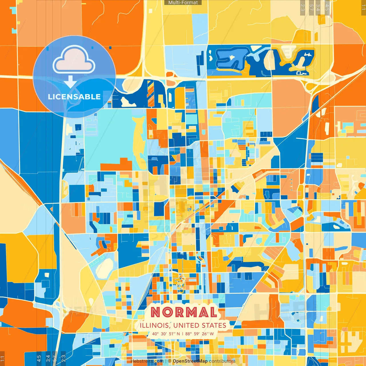Normal, Illinois, United States Blue And Orange Vector Art Map Template ...