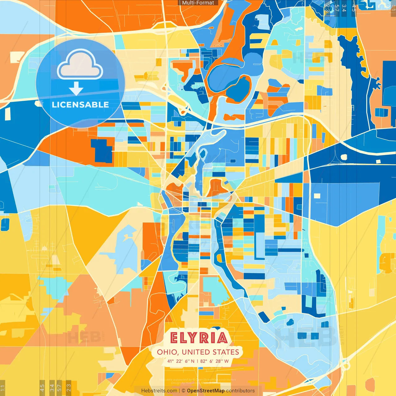 Elyria, Ohio, United States Blue And Orange Vector Art Map Template ...