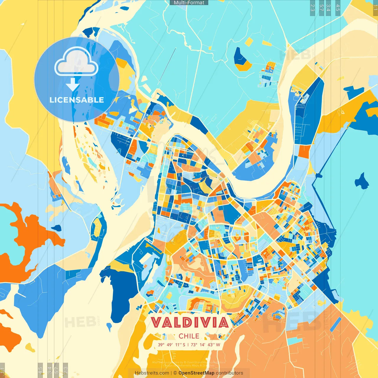 Valdivia, Chile Blue And Orange Vector Art Map Template – HEBSTREITS