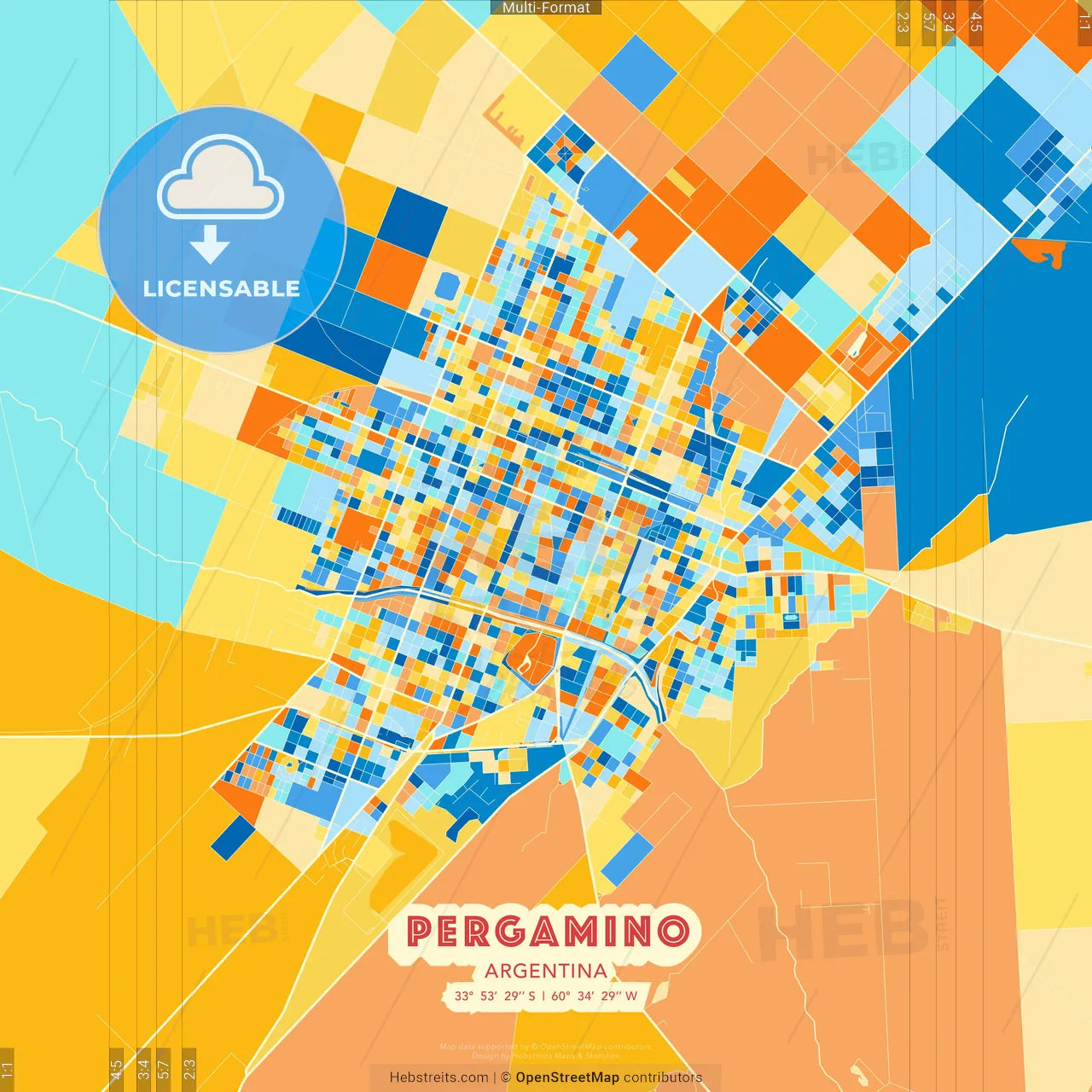 Pergamino, Argentina Blue And Orange Vector Art Map Template – HEBSTREITS