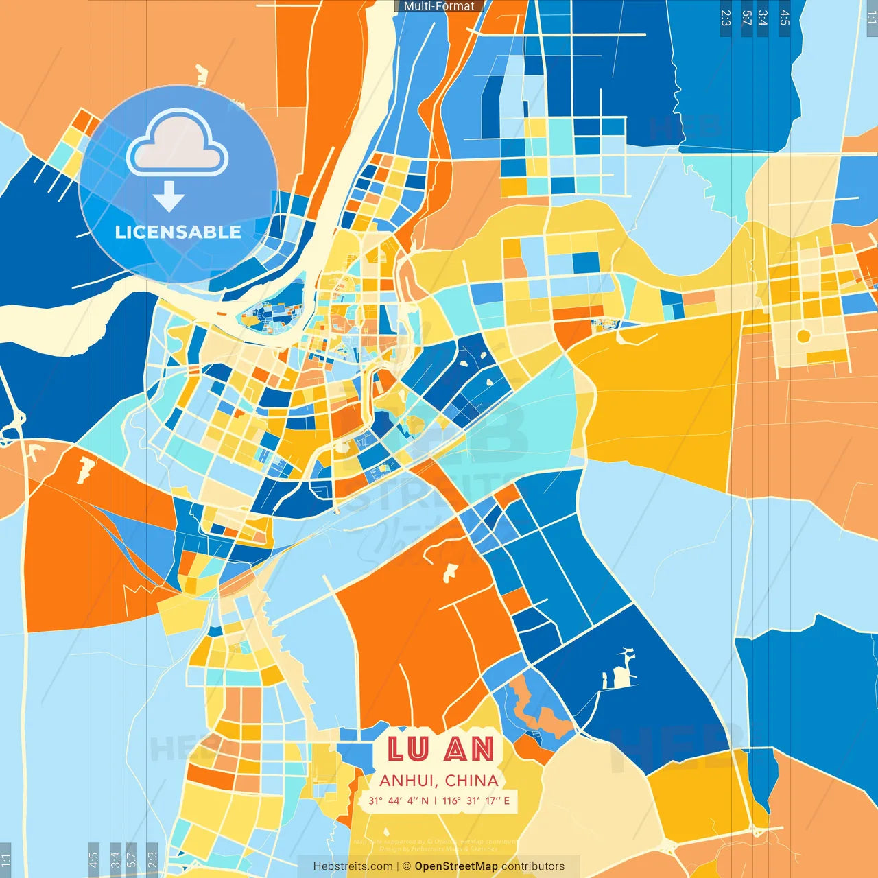 Lu An, Anhui, China Blue And Orange Vector Art Map Template – HEBSTREITS