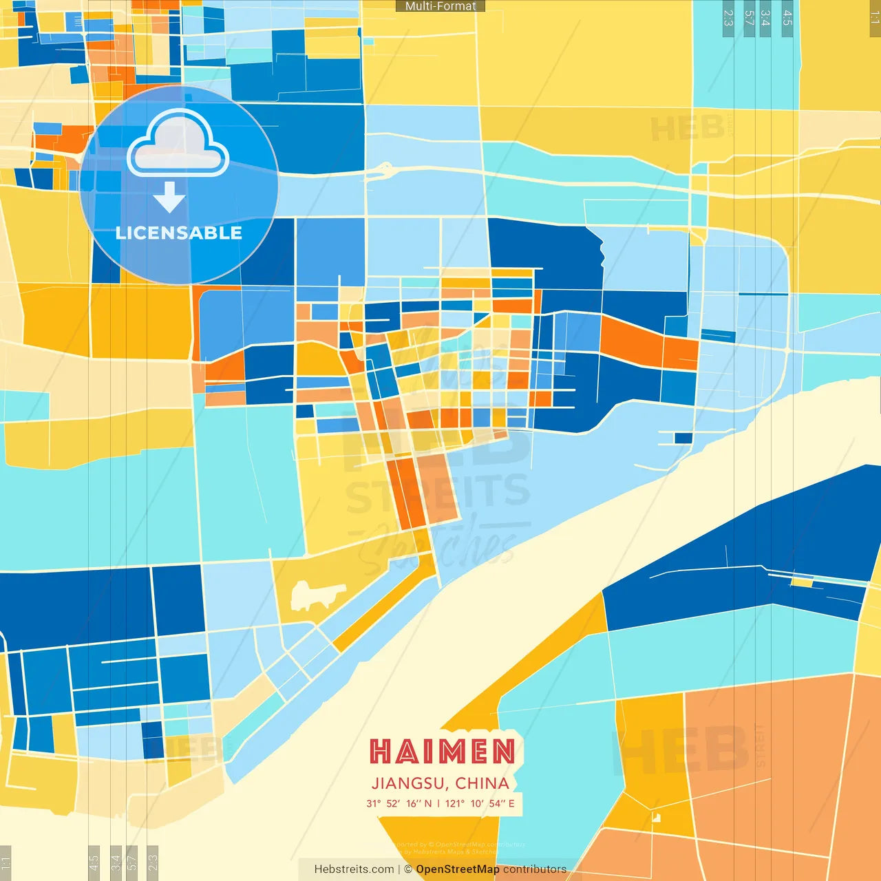 Haimen, Jiangsu, China Blue And Orange Vector Art Map Template – HEBSTREITS