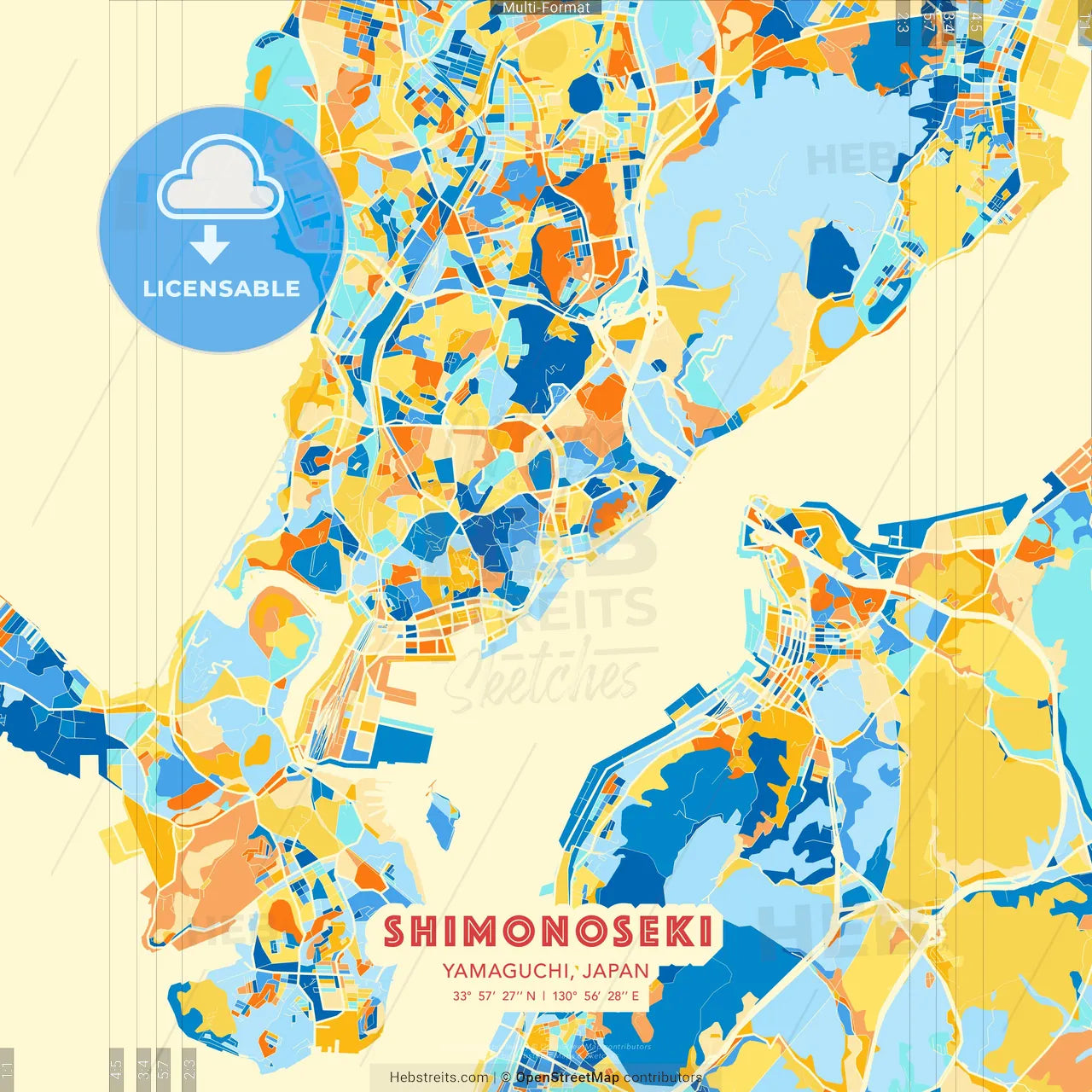 Shimonoseki, Yamaguchi, Japan Blue And Orange Vector Art Map Template ...
