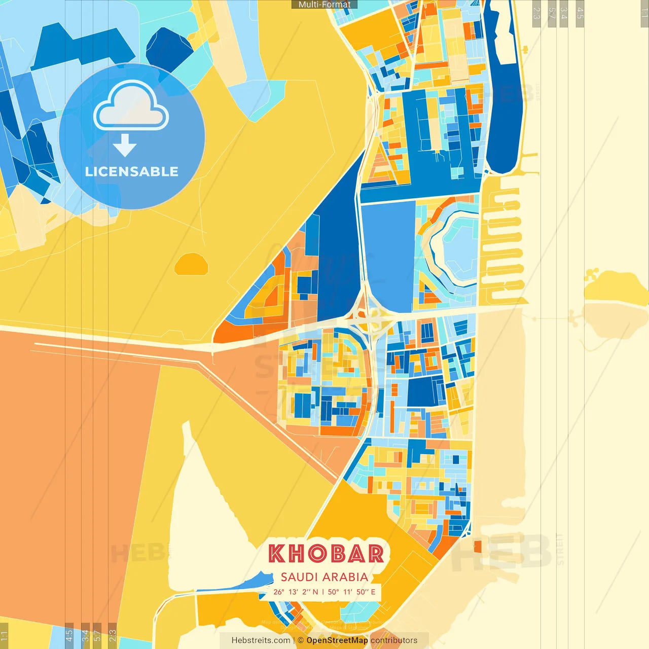 Khobar, Saudi Arabia Blue And Orange Vector Art Map Template – HEBSTREITS