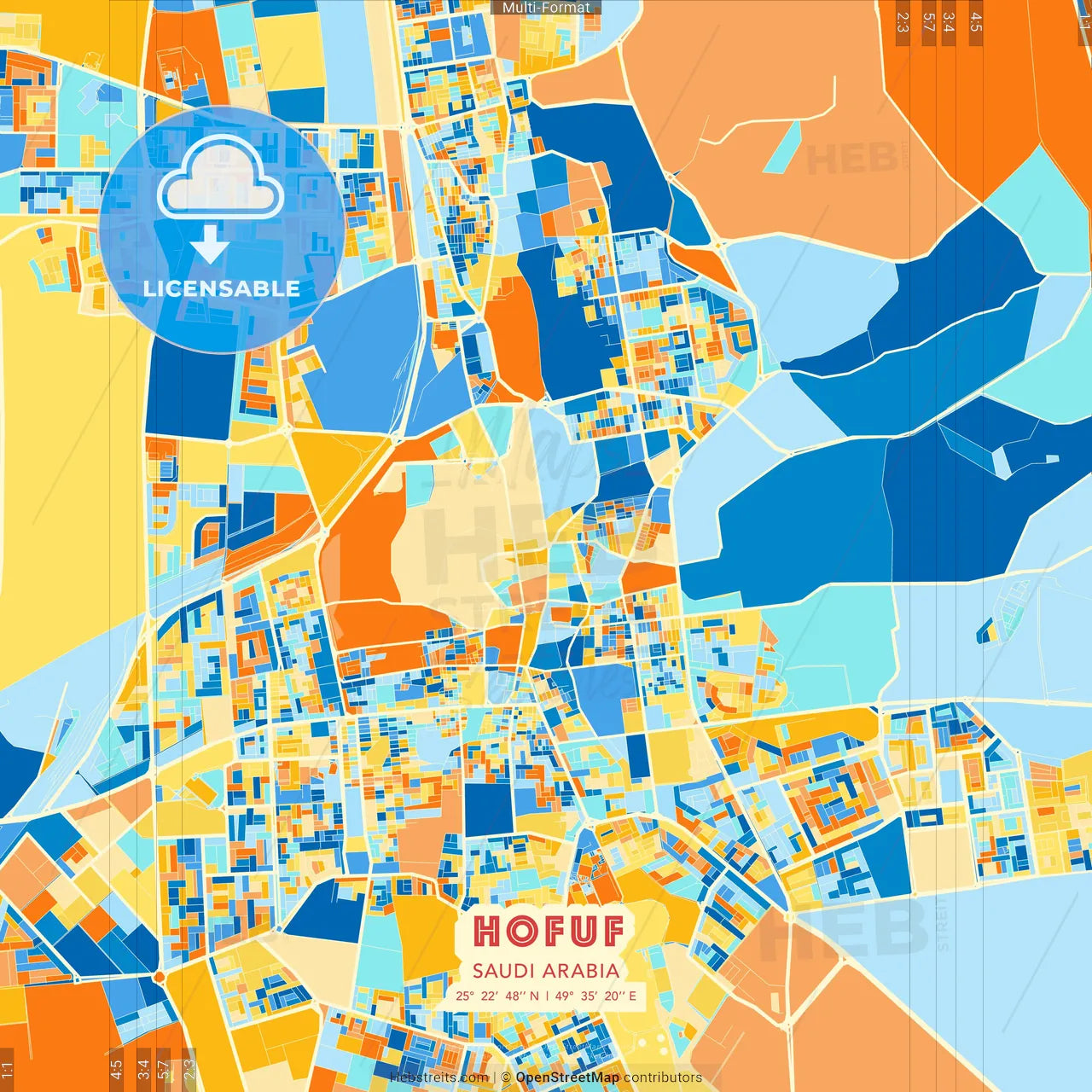 Hofuf, Saudi Arabia Blue And Orange Vector Art Map Template – HEBSTREITS