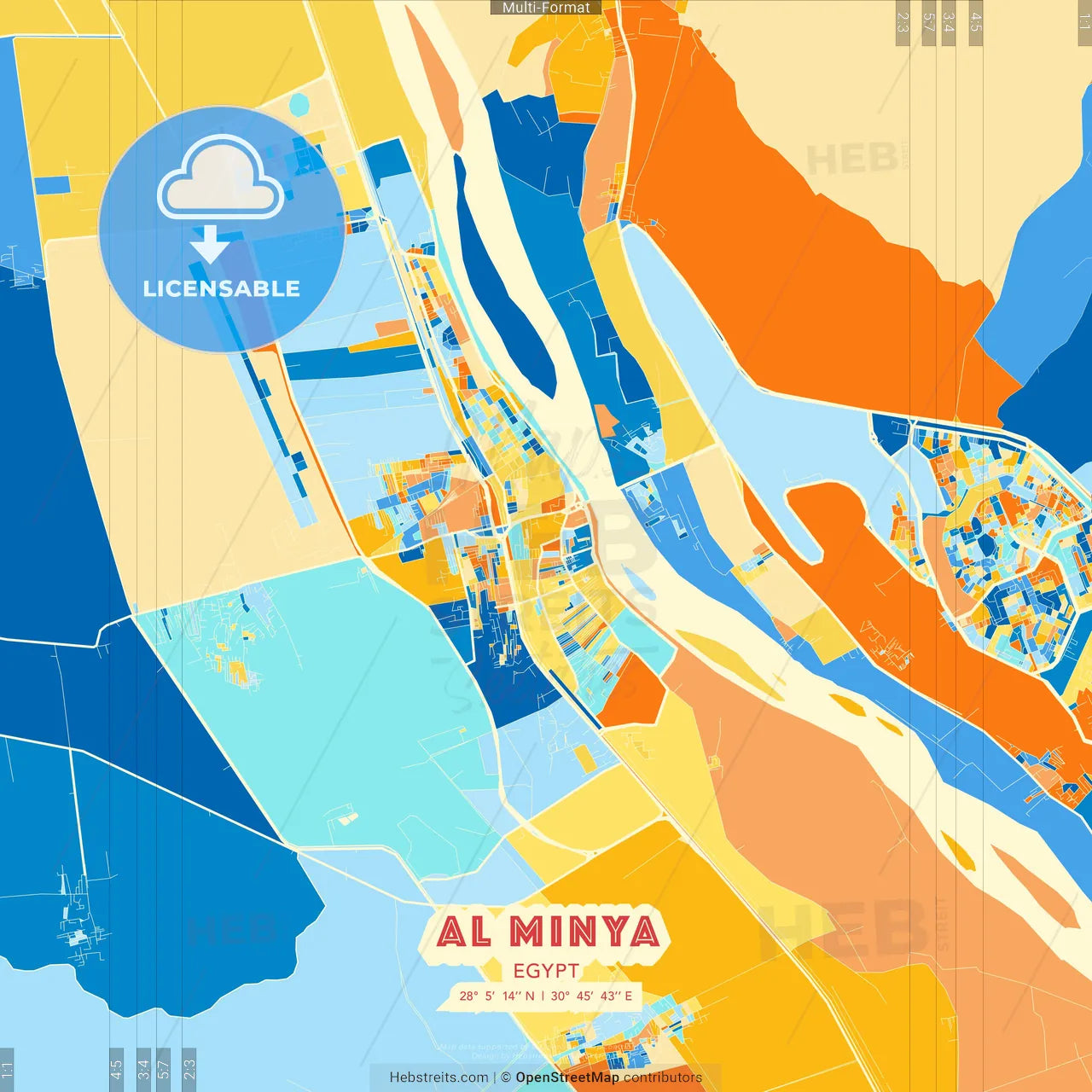 Al Minya, Egypt Blue And Orange Vector Art Map Template – HEBSTREITS