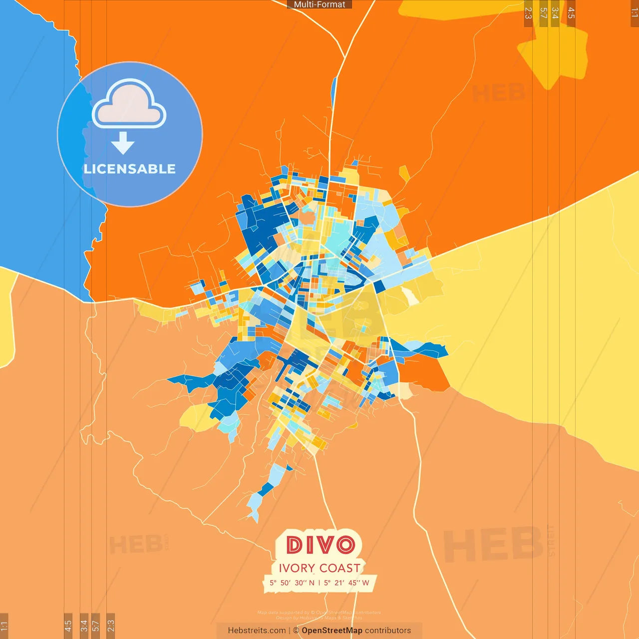 Divo, Ivory Coast Blue And Orange Vector Art Map Template – HEBSTREITS