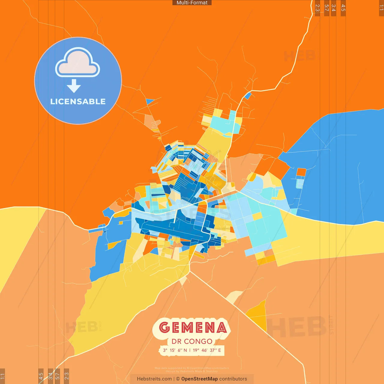 Gemena, Dr Congo Blue And Orange Vector Art Map Template – HEBSTREITS
