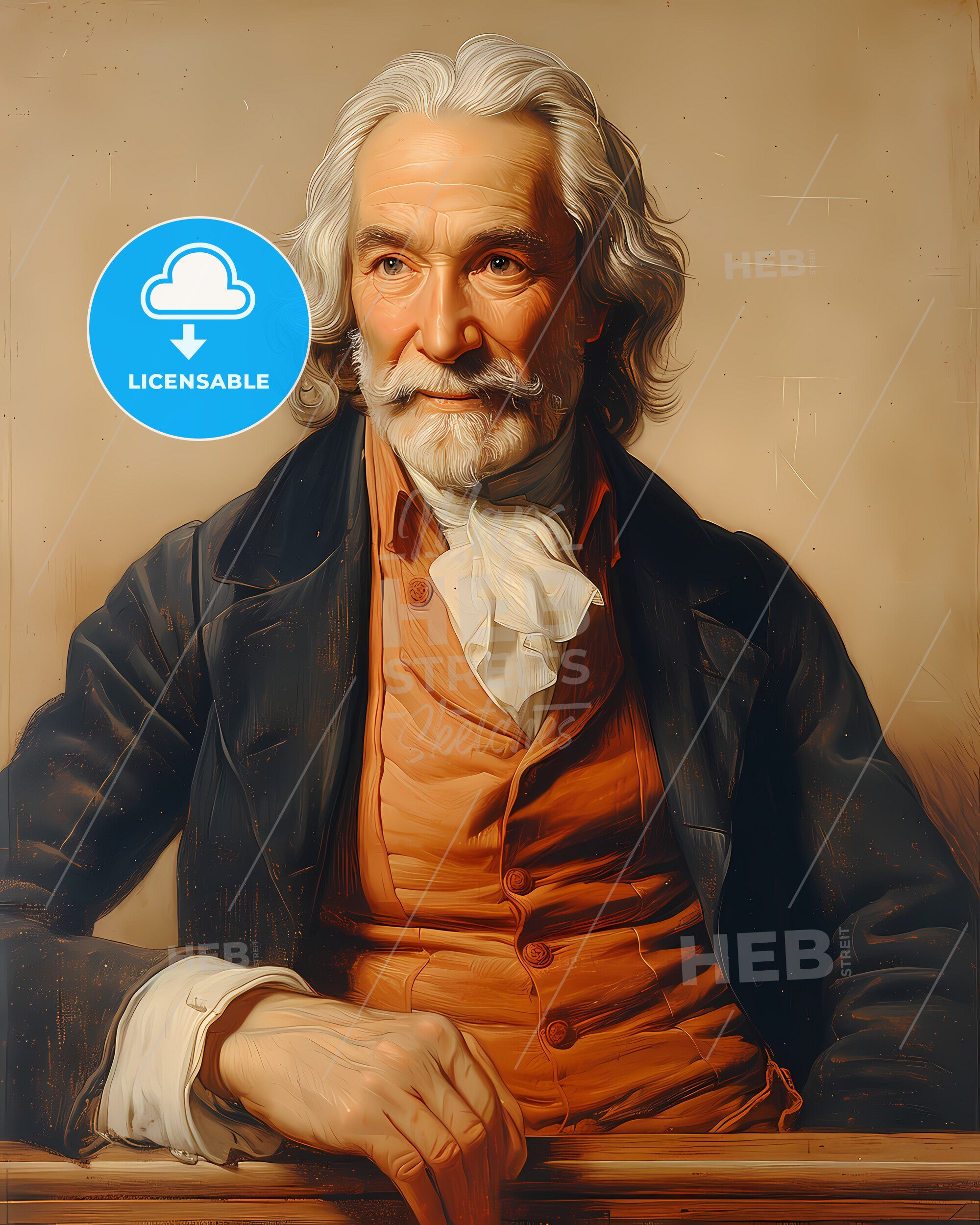 Thomas, Newcomen, 1664 - 1729, a man with white hair and beard sitting ...