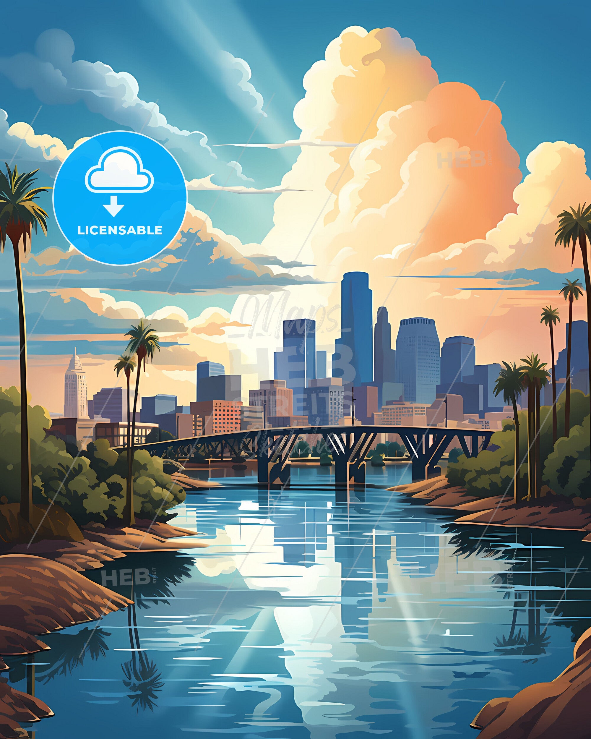 Tempe, Arizona, A River With A Bridge And Trees And A City In The ...