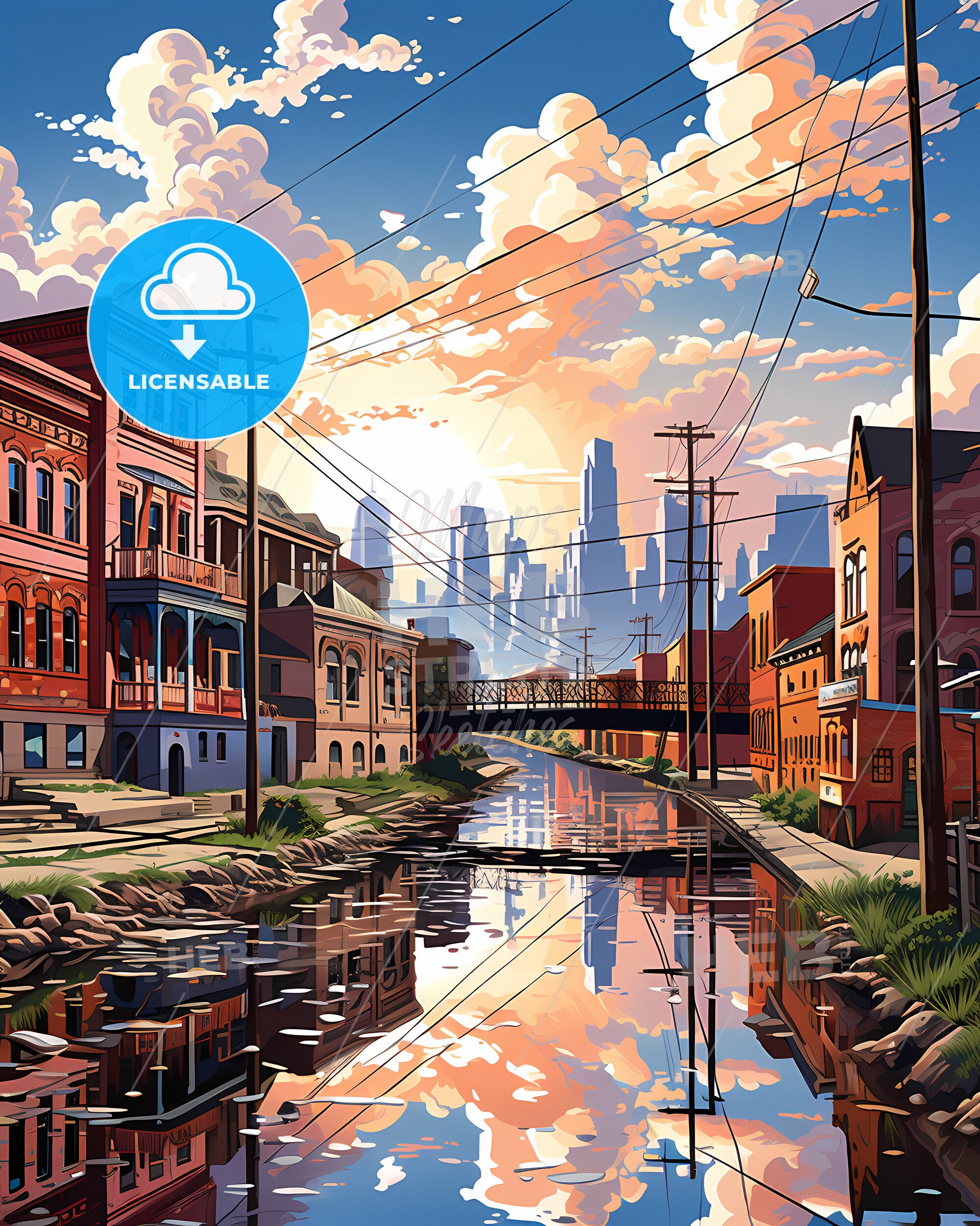 Kenner, Louisiana, a water channel with buildings and a bridge ...