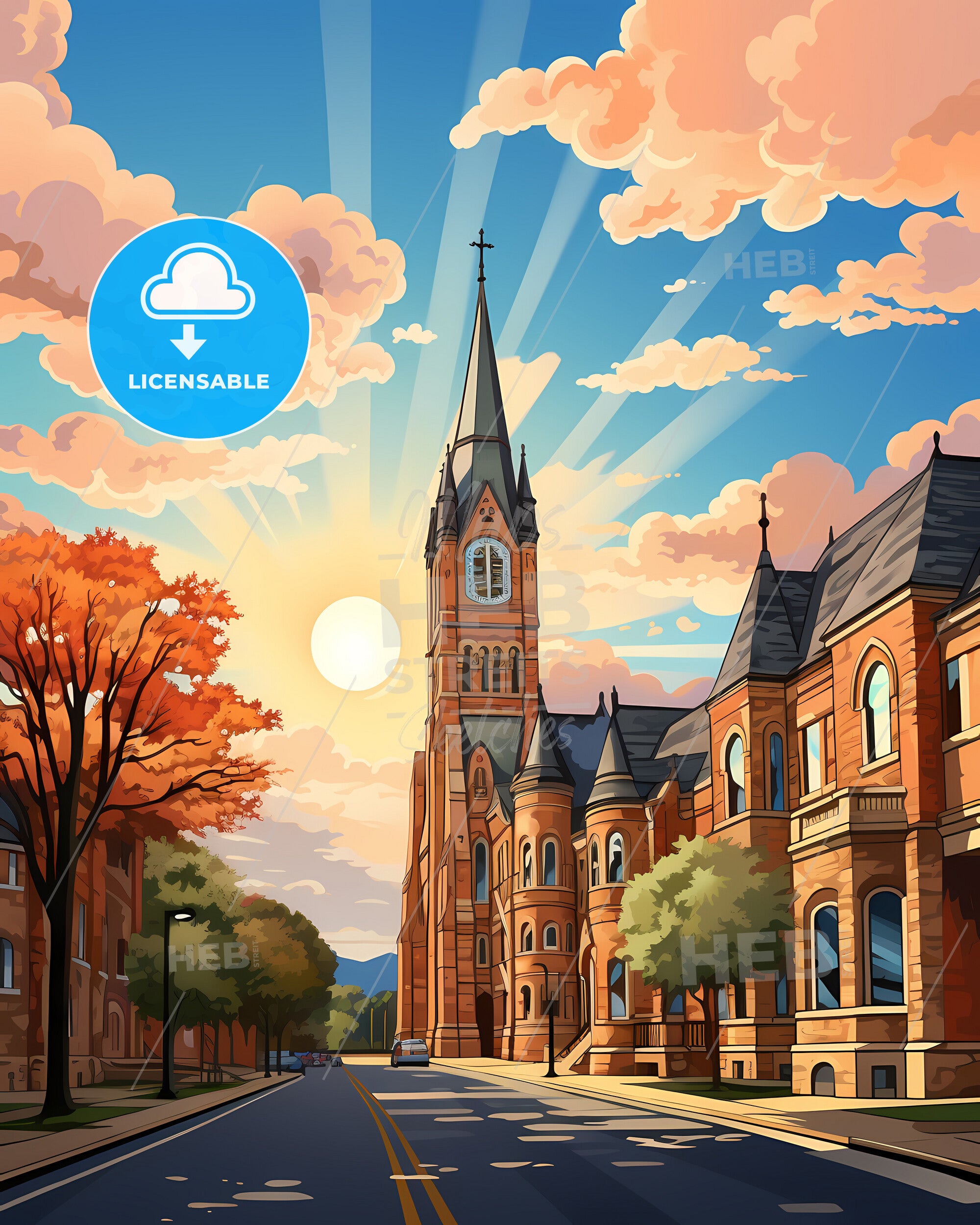 Rijswijk, Netherlands, A Church With A Steeple And Trees On A Street ...