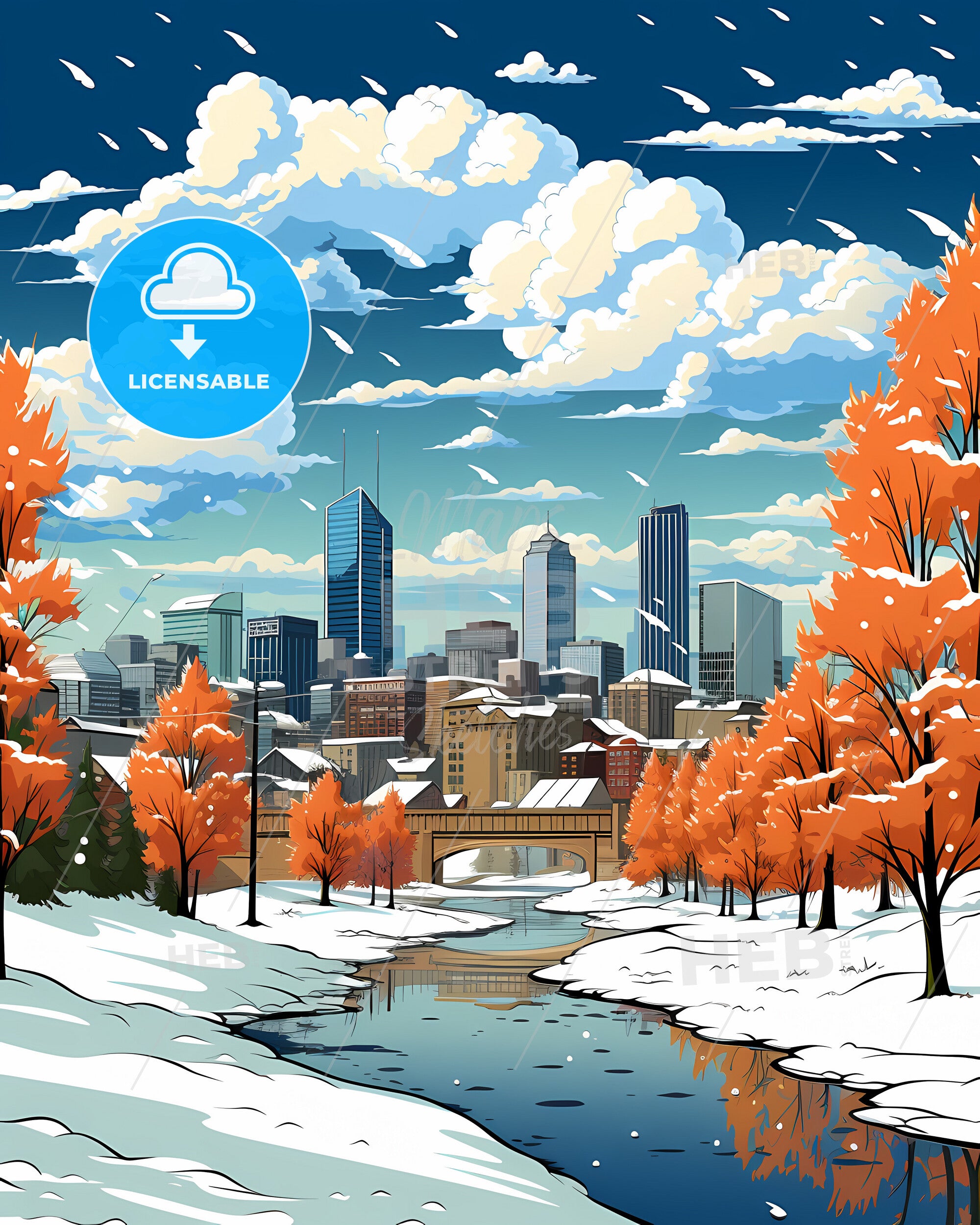 Dearborn, Michigan, a snow covered river with trees and a bridge in the ...