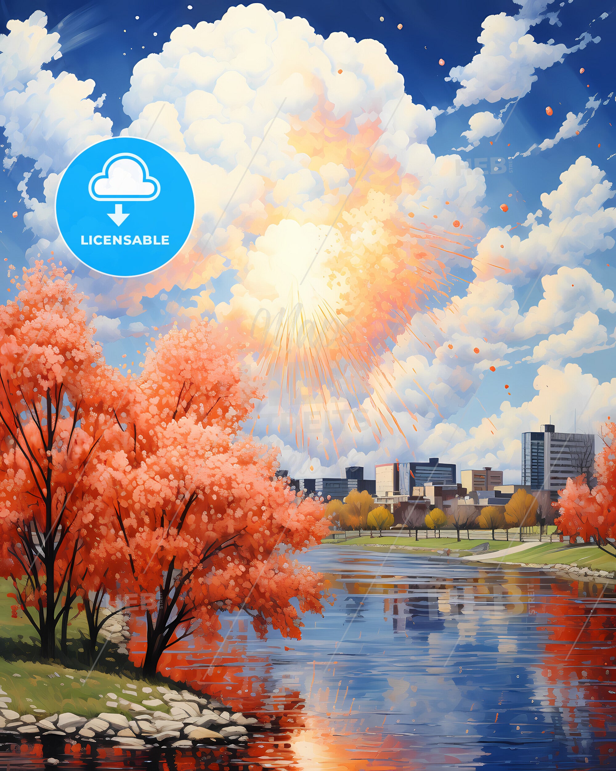 South Bend, Indiana, a river with trees and a city in the background ...