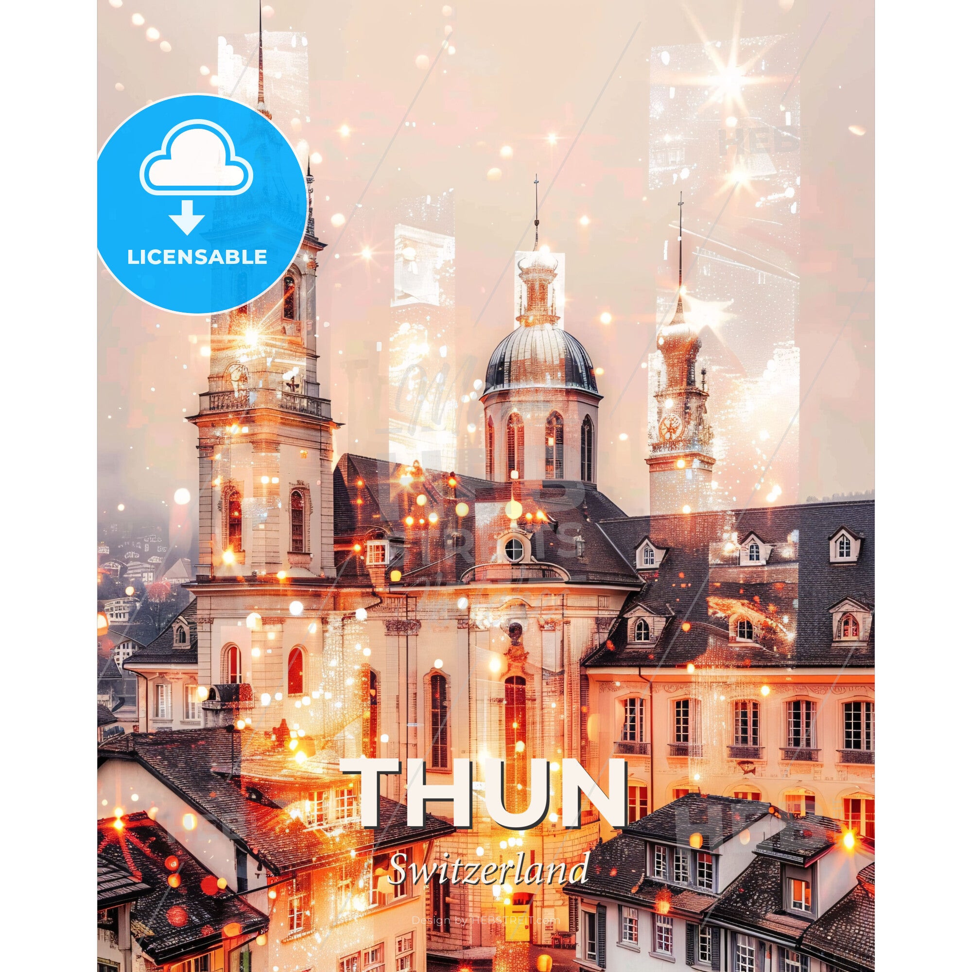 Thun City Skyline Composition Art Poster - A Building With A Tower And A City In The Background ...