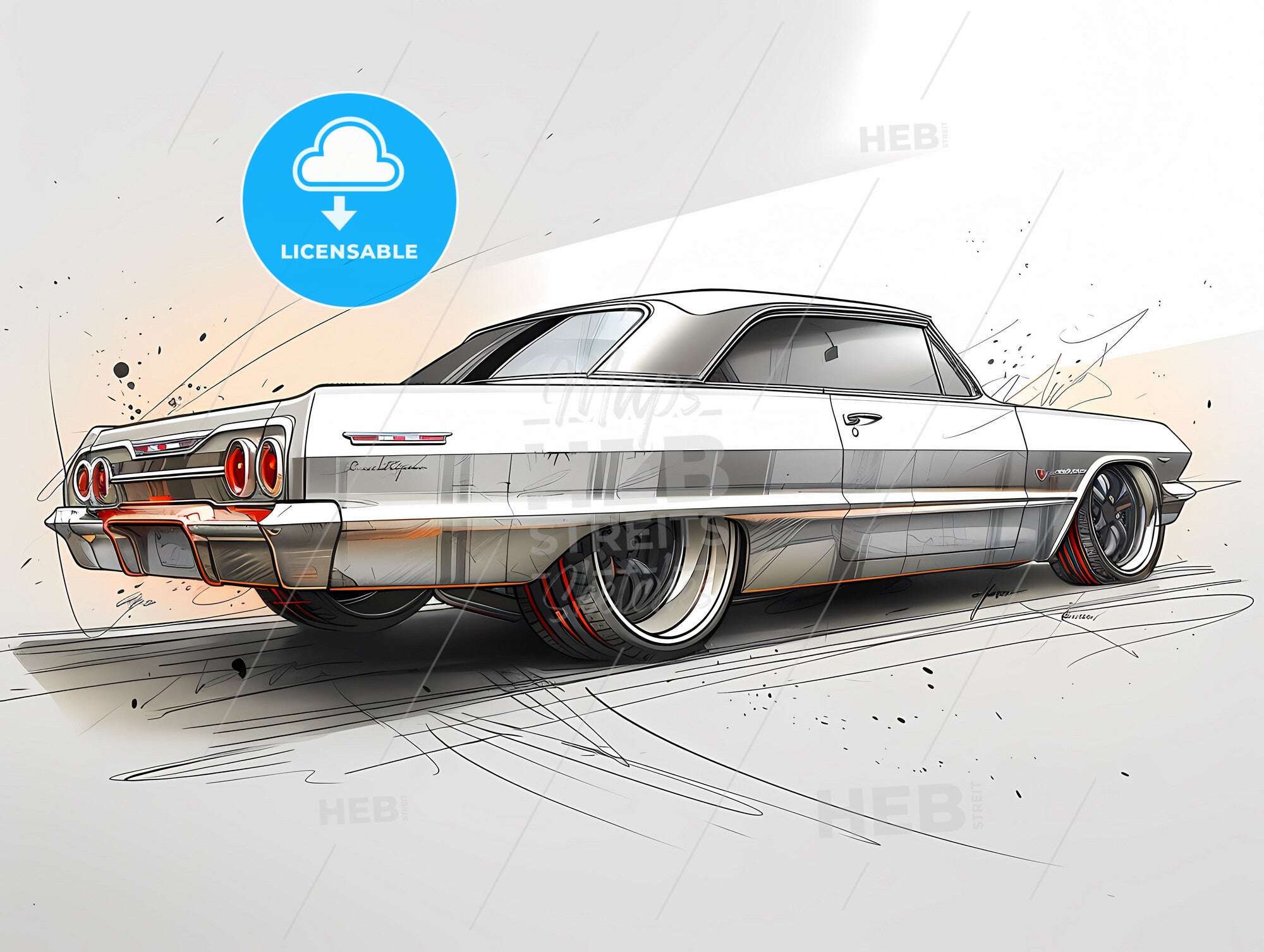Vibrant Sketch of a Classic 1964 Chevy Impala - Automobile Art with a ...