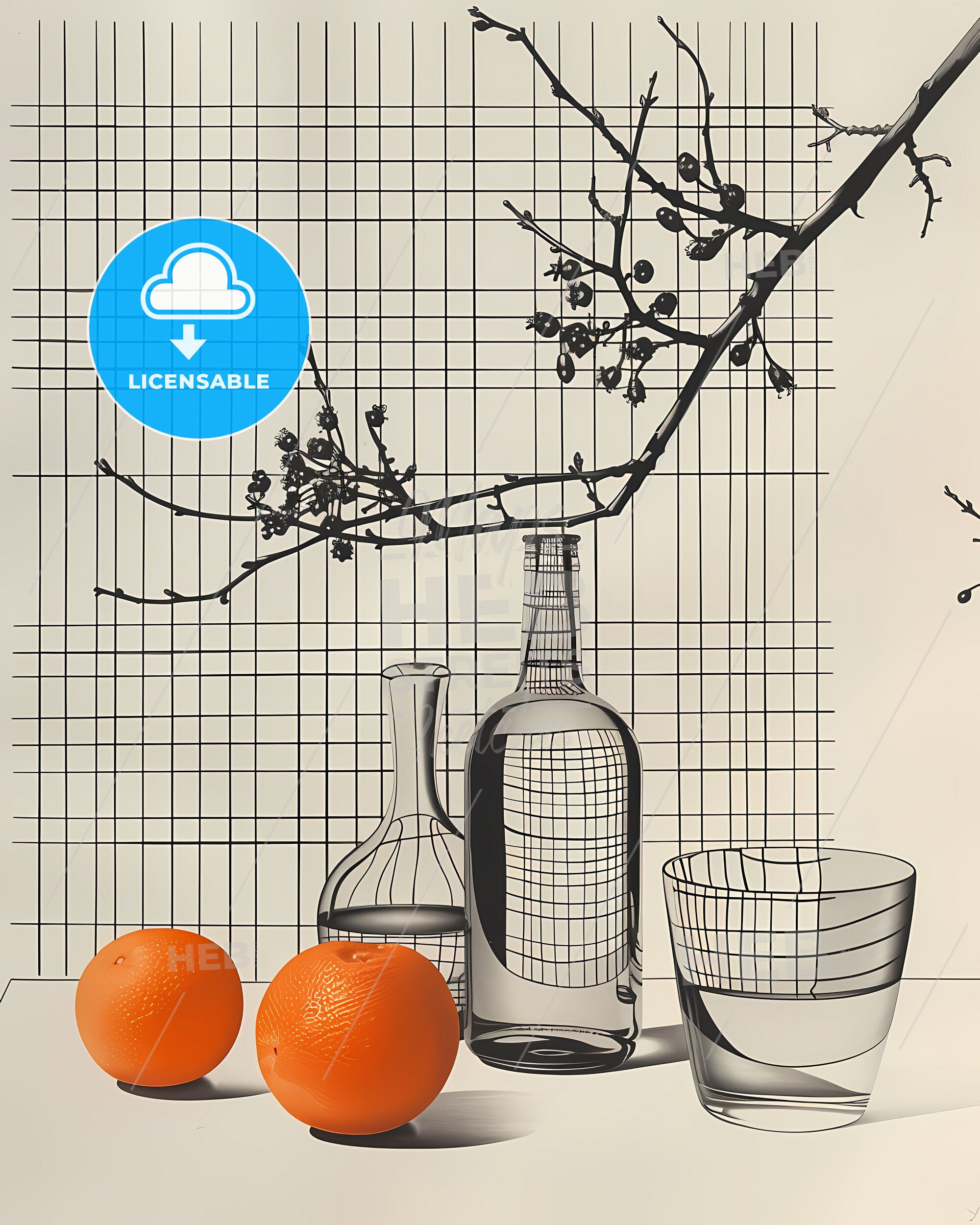 Minimalist Line Art: Black And White Still Life With Bottle And Oranges ...