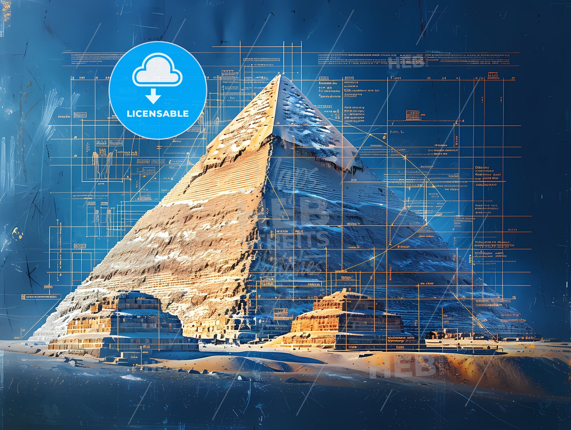 Vibrant Blueprint Painting: Pyramids Of Giza Inspired By Precisionism ...