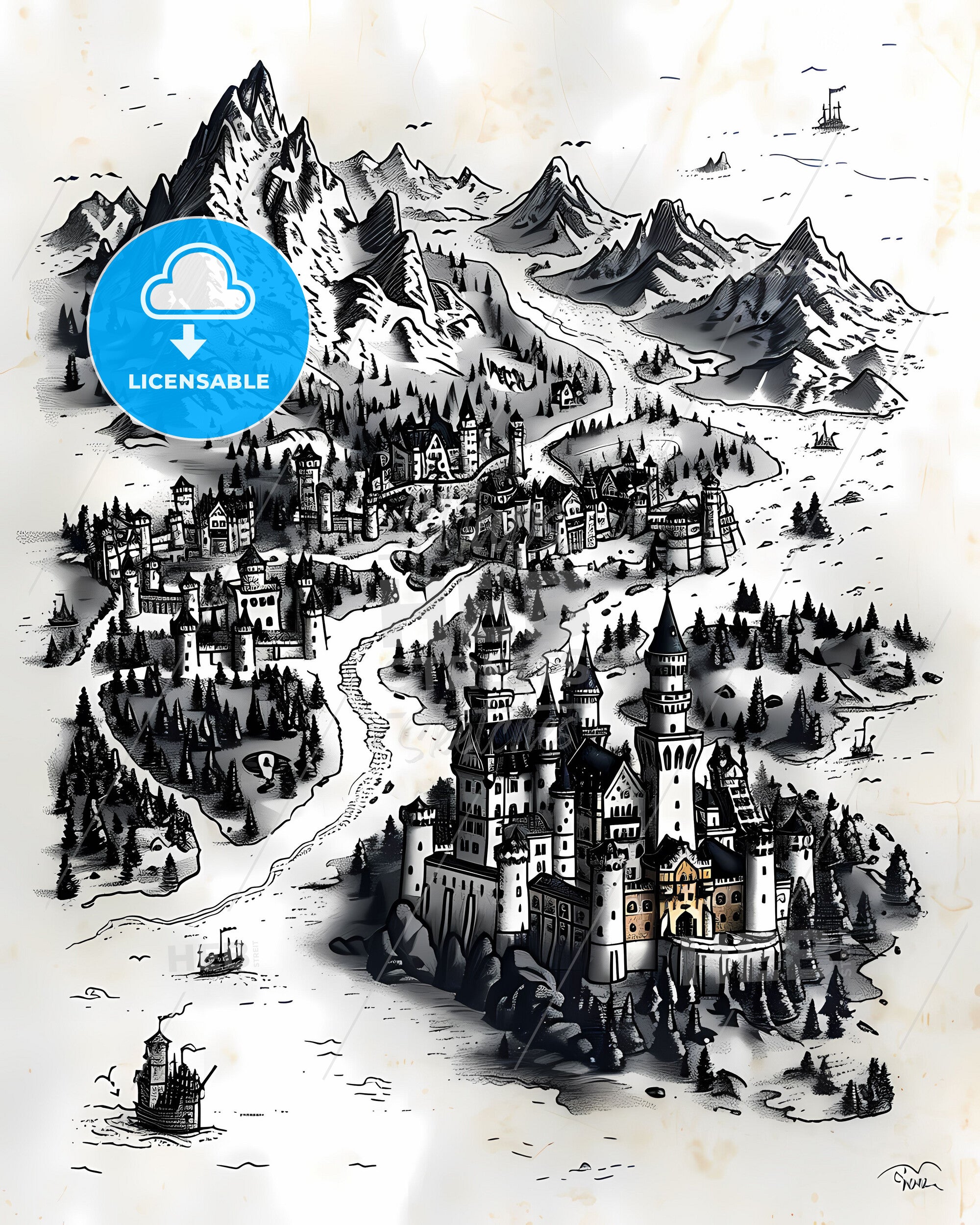 Fantasy Castle Fortress Built On A Mountain Lake - Drawing Of An ...