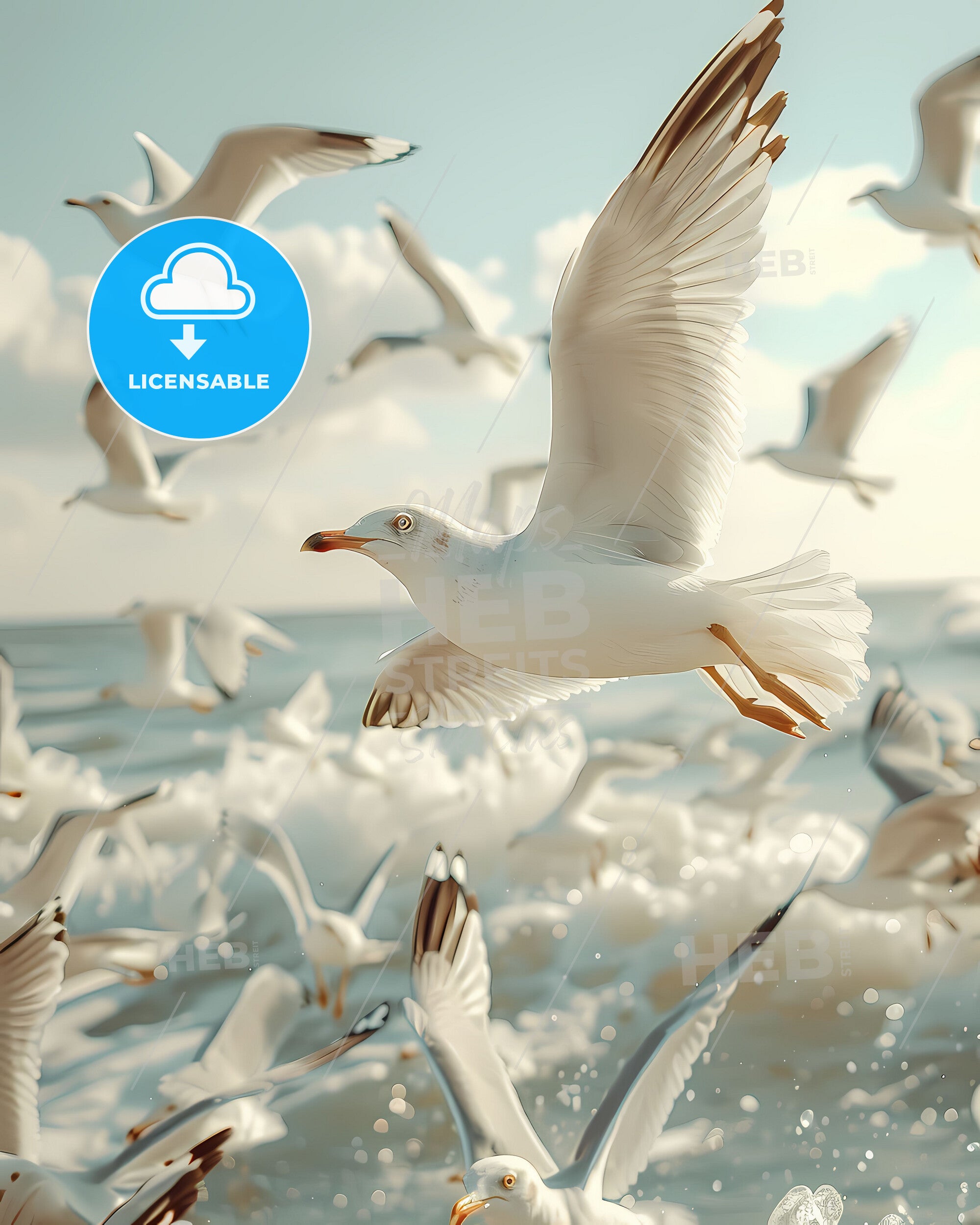 Painting of a Group of Seagulls Flying Over Water with Solid Color ...