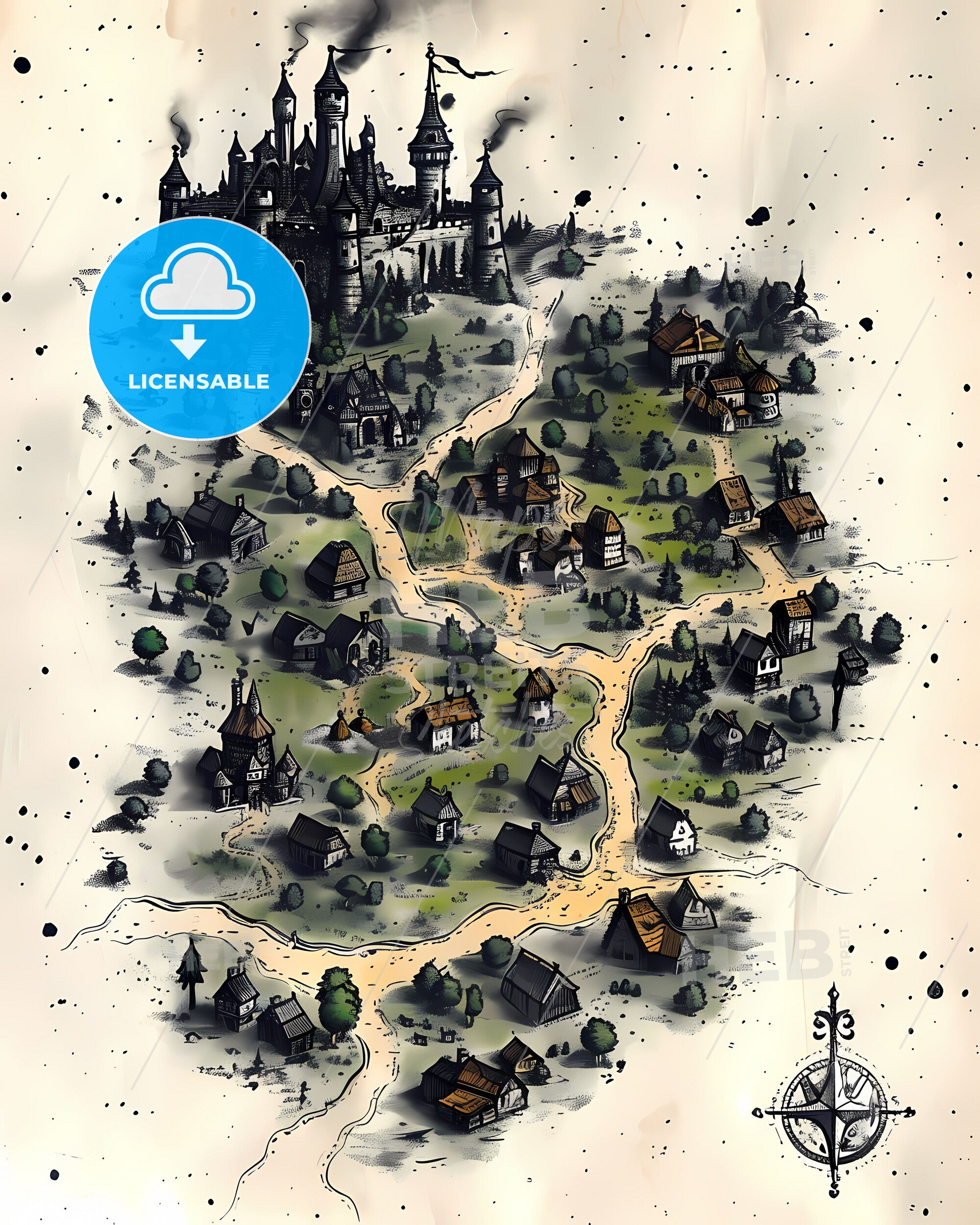 Fantasy Artwork Depicting A Medieval Map Of A Town Ruled By An Evil ...