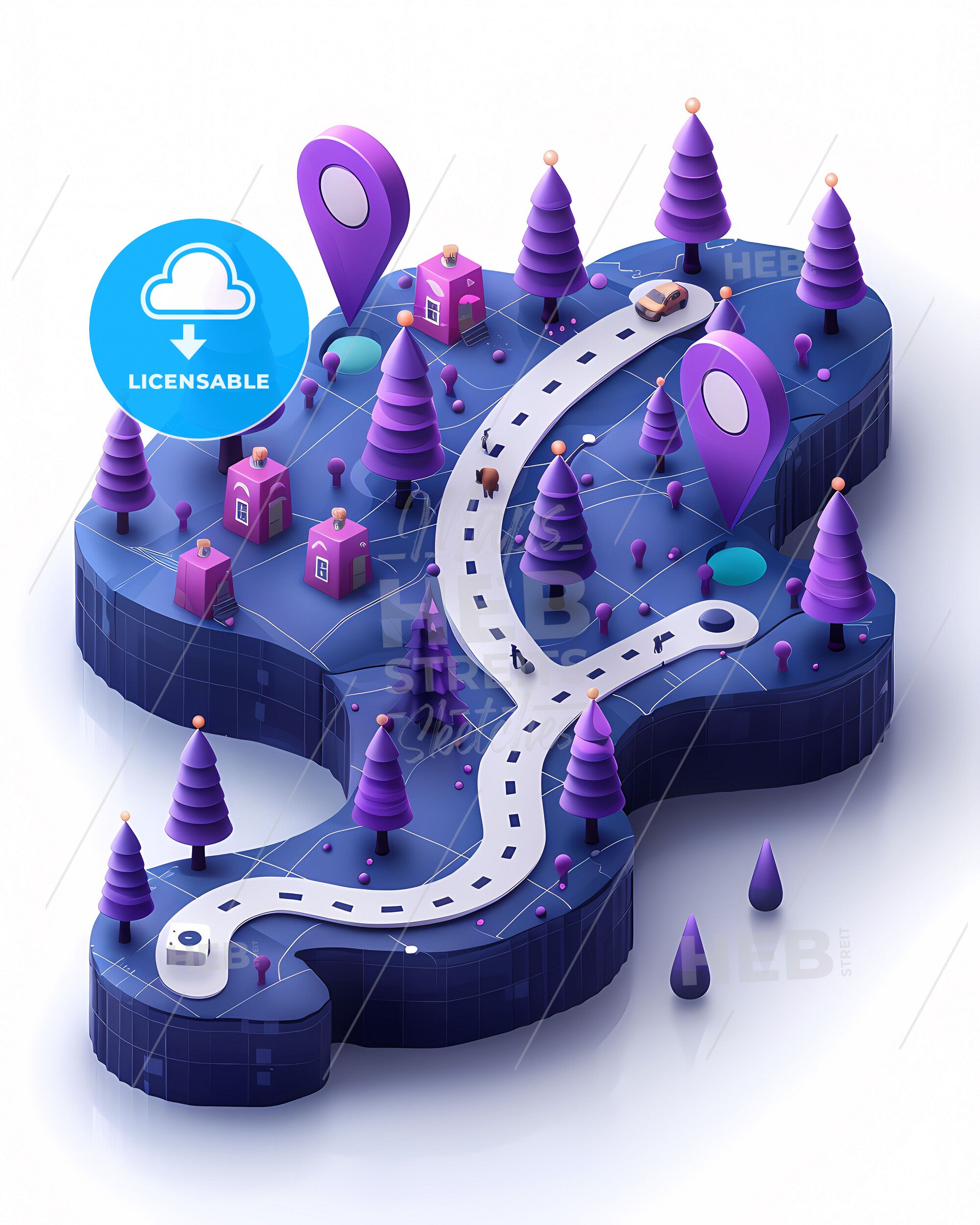 Isometric Paper Map Illustration With Purple Accents, Black Grid, And ...