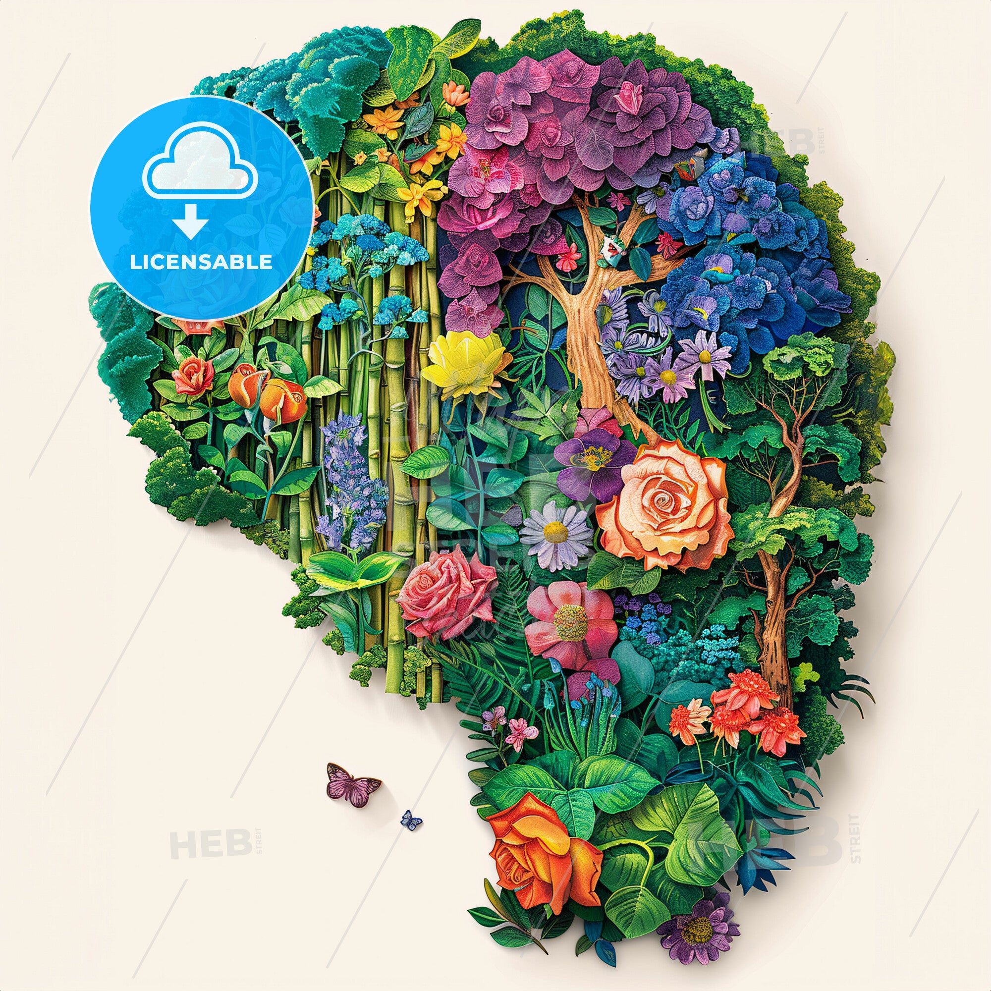 A Vibrantly Colored Illustration Of A Lush Garden Shaped Like A Brain ...