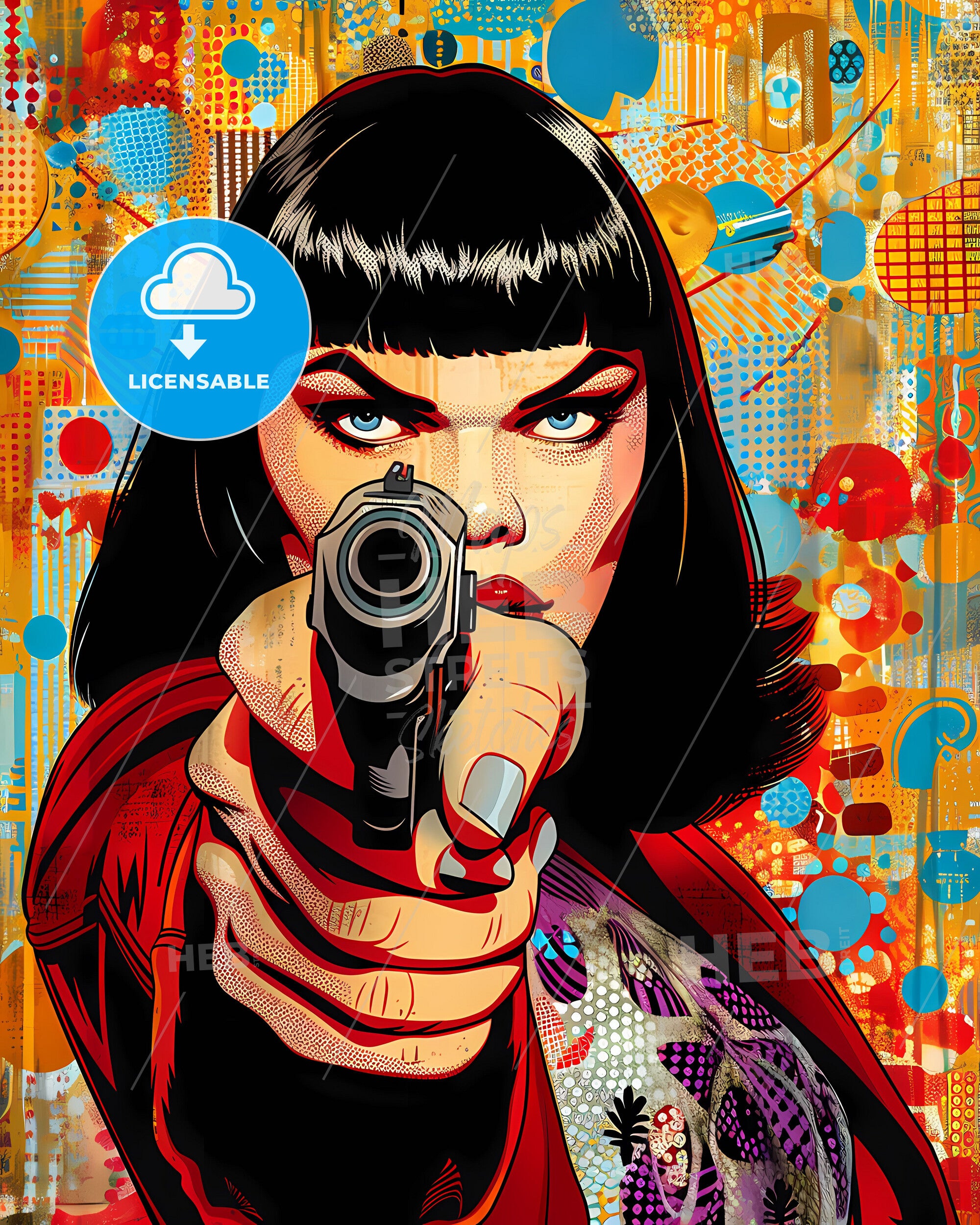Vibrant Pop Art Woman With Gun: Hard Edge Painting Inspired By Adi ...