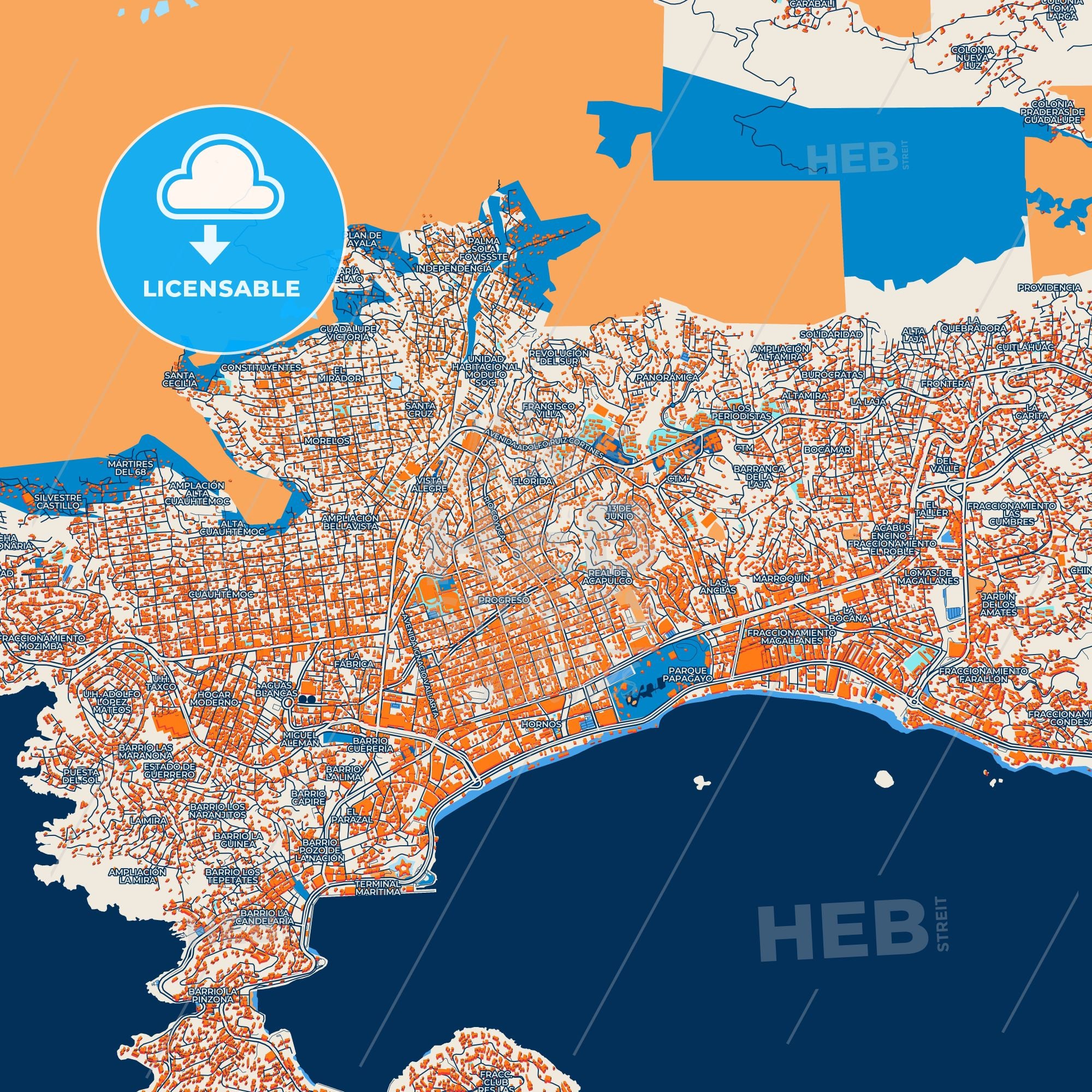 Colorful Acapulco Street Map With Labels And Buildings – HEBSTREITS
