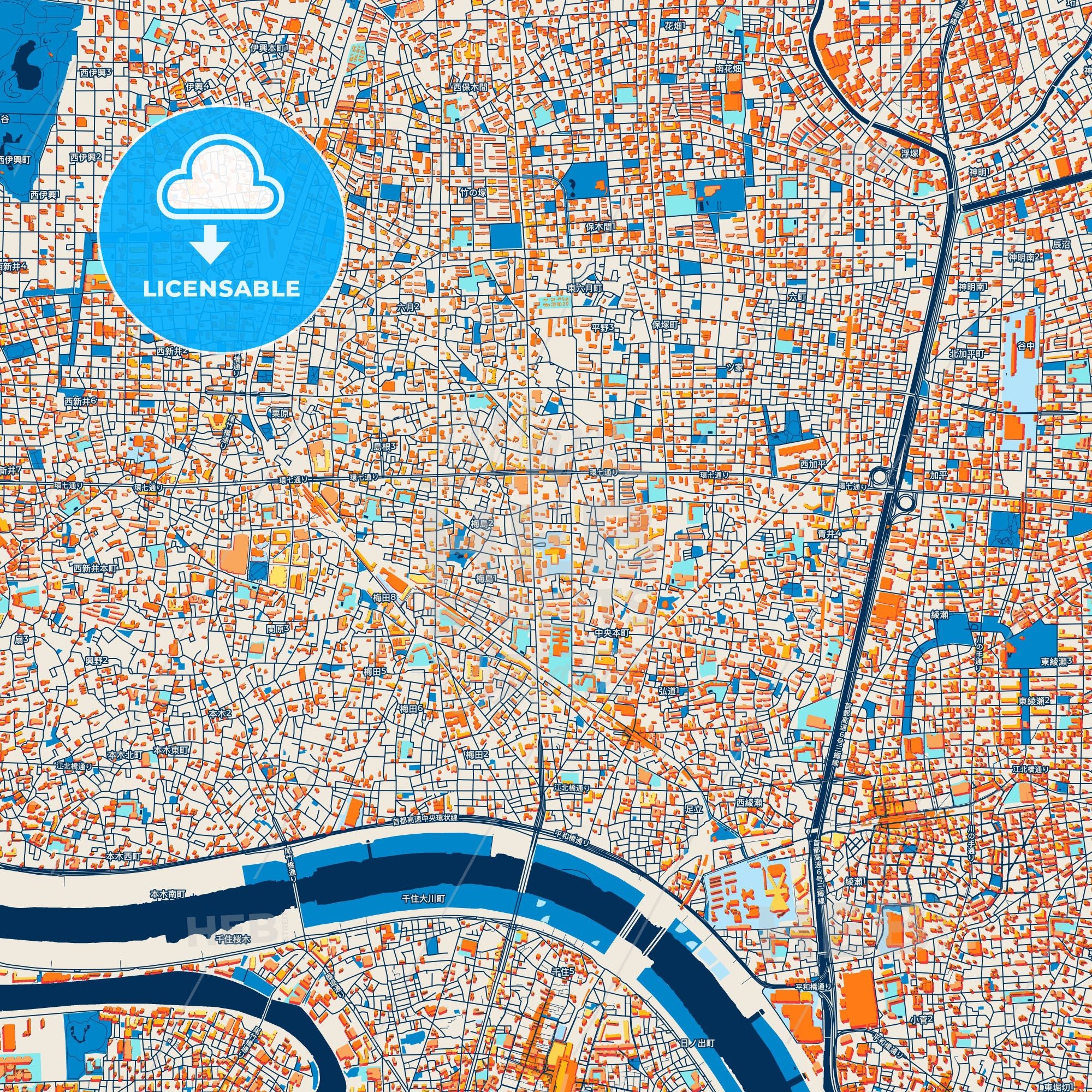 Colorful Adachi Street Map With Labels And Buildings – HEBSTREITS