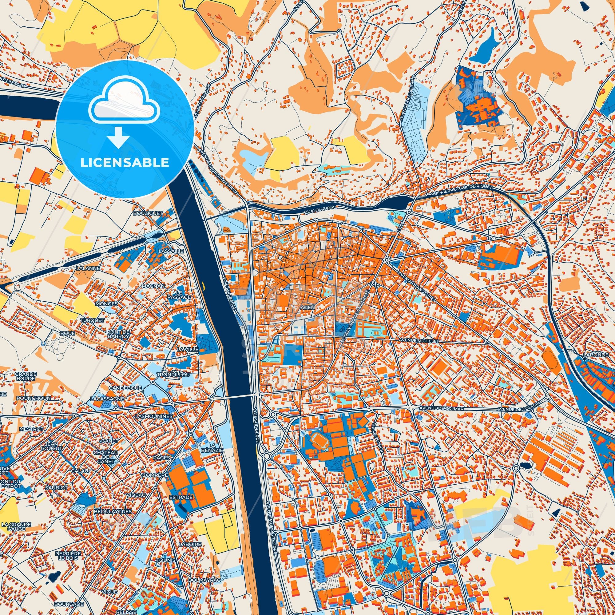 Colorful Agen Street Map With Labels And Buildings – HEBSTREITS