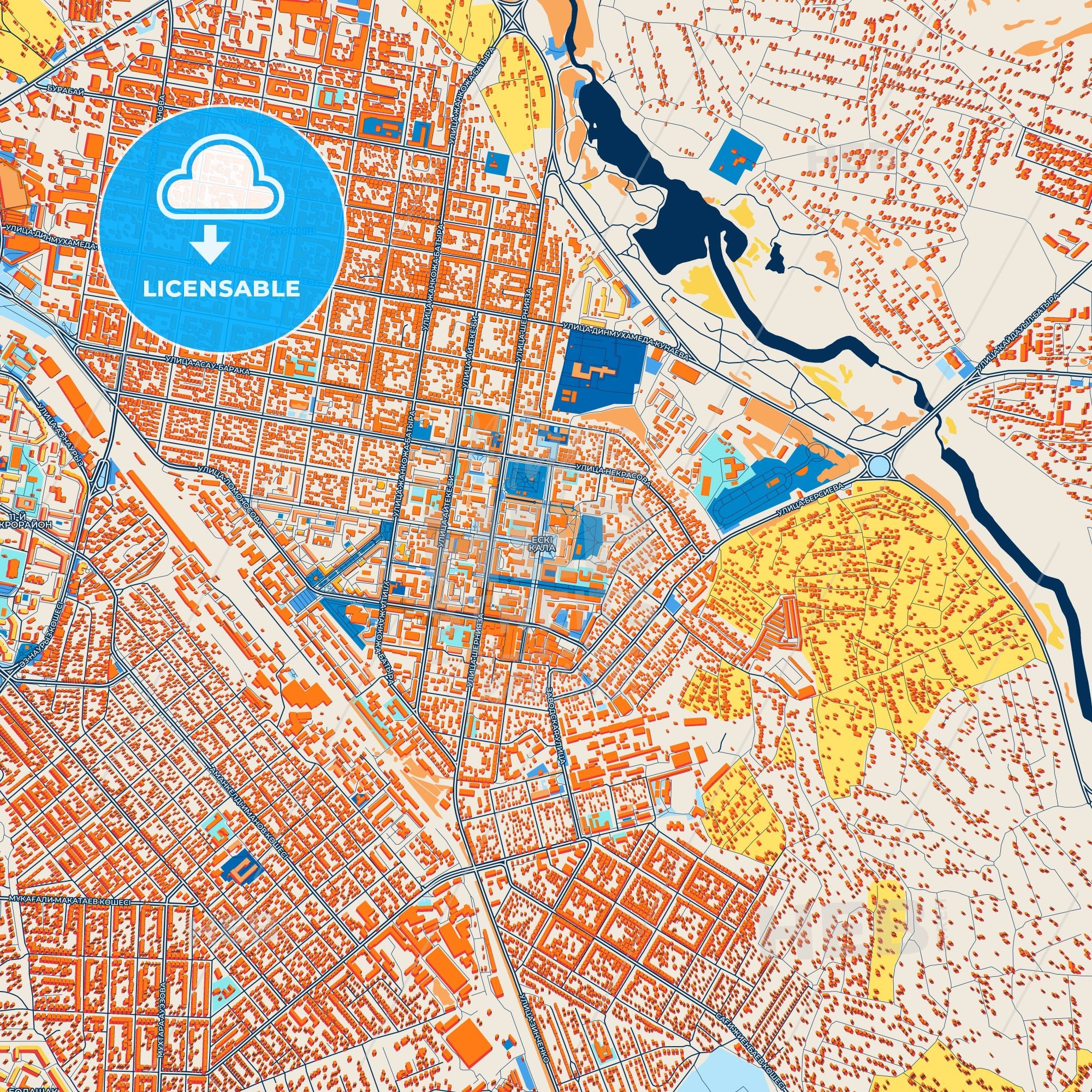 Colorful Aktobe Street Map With Labels And Buildings – HEBSTREITS
