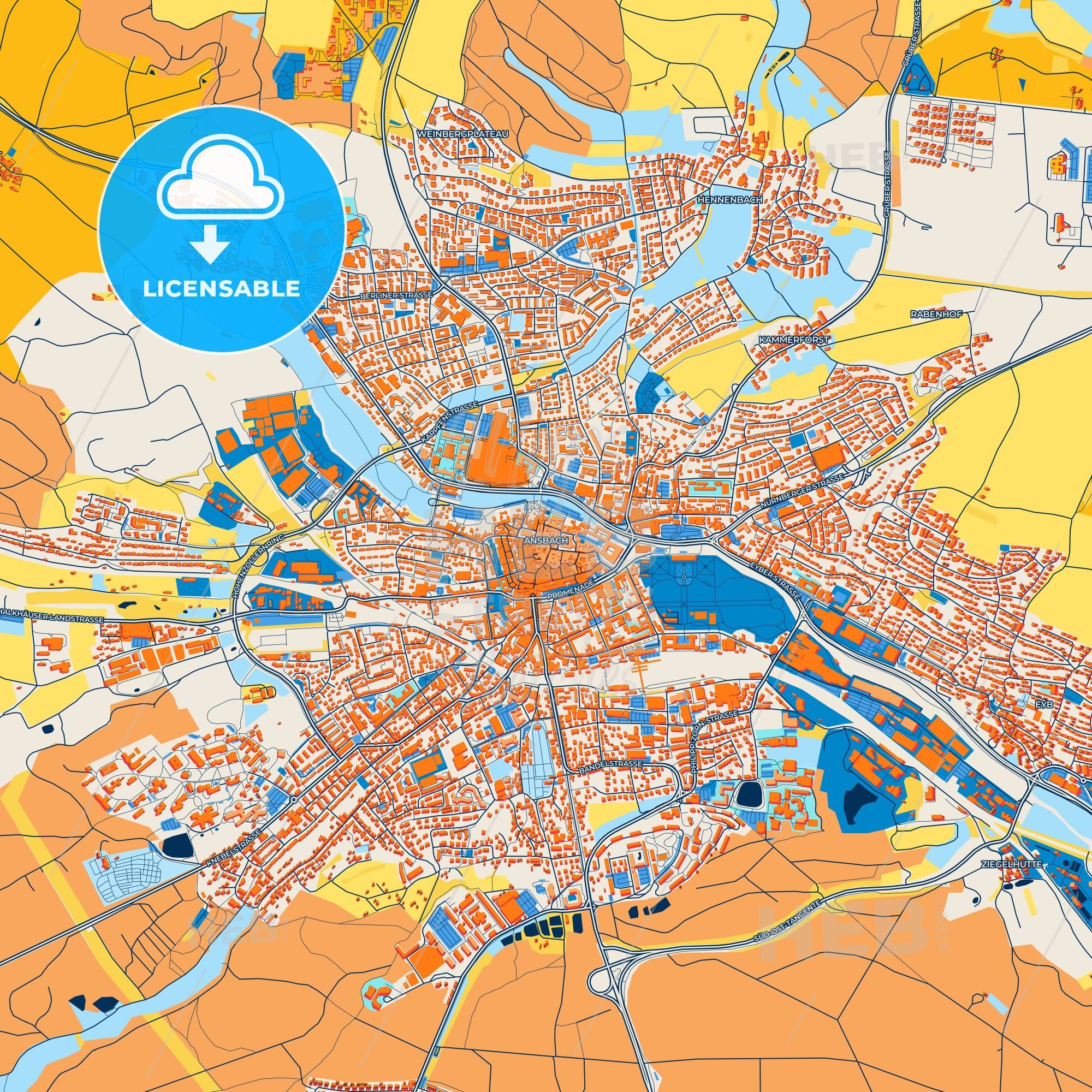 Colorful Ansbach Street Map With Labels And Buildings – HEBSTREITS