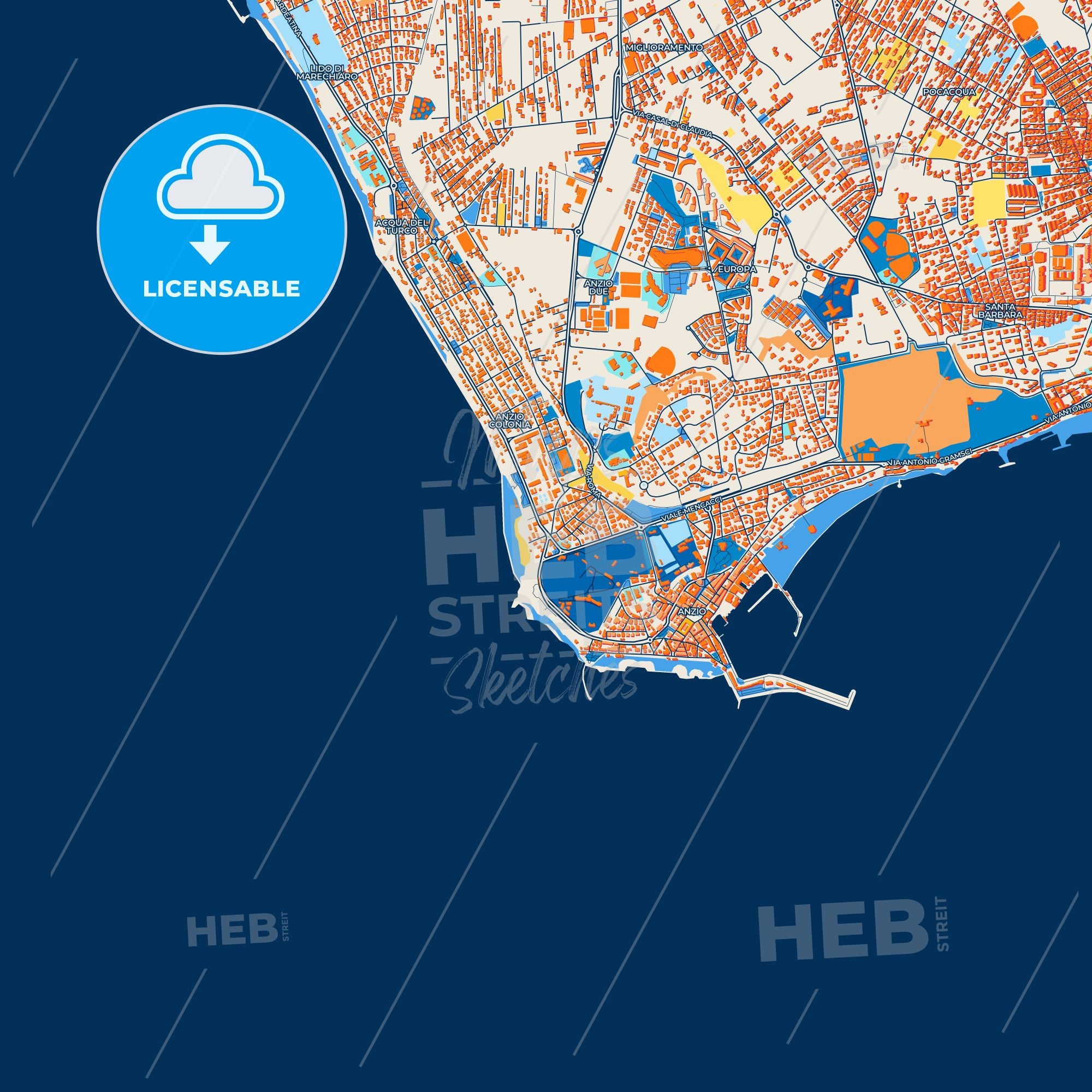 Colorful Anzio Street Map With Labels And Buildings – HEBSTREITS