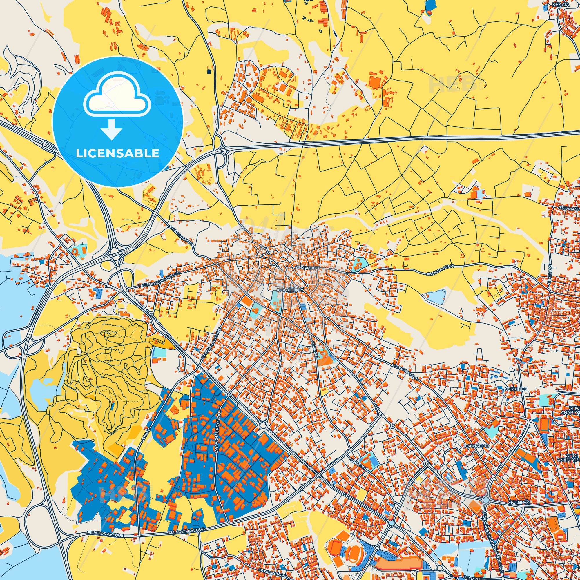 Colorful Aradíppou Street Map With Labels And Buildings – HEBSTREITS