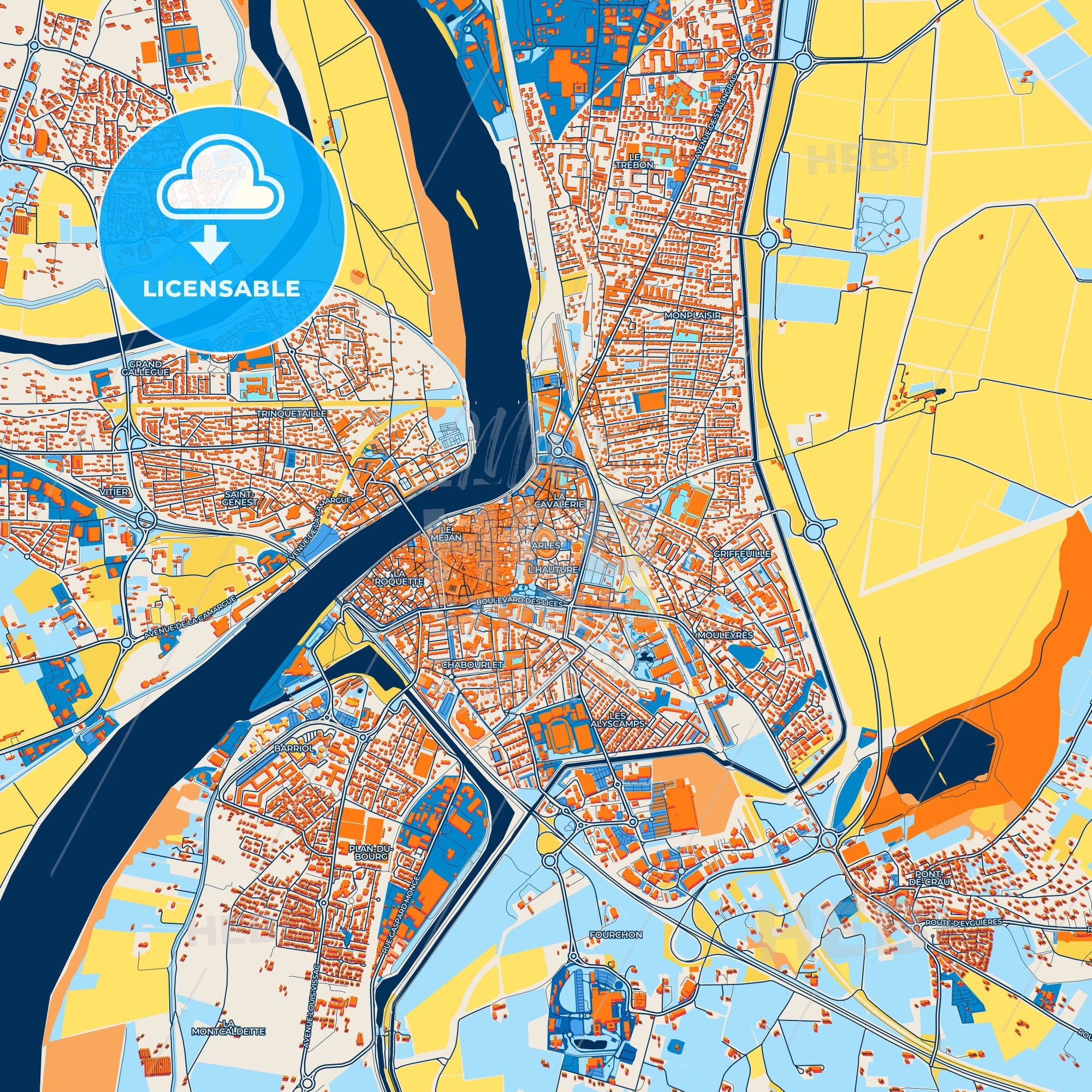 Colorful Arles Street Map With Labels And Buildings – HEBSTREITS