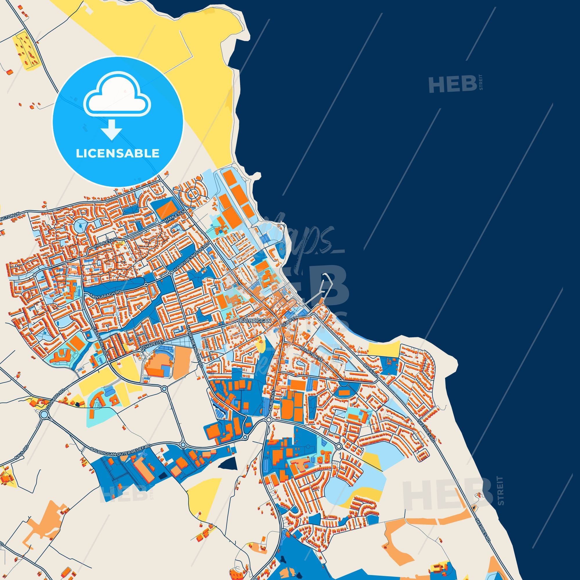 Colorful Balbriggan Street Map With Labels And Buildings – HEBSTREITS