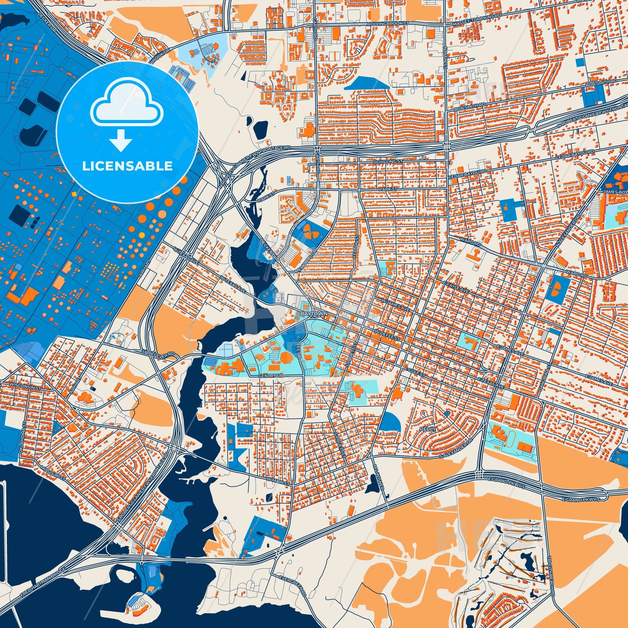 Colorful Baytown Street Map With Labels And Buildings – HEBSTREITS