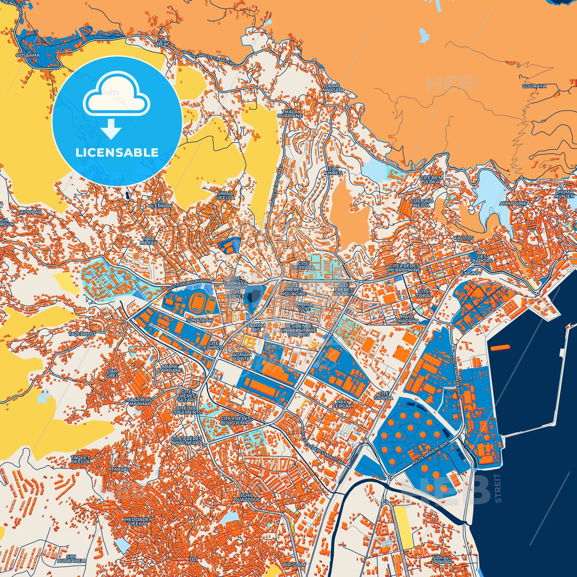 Colorful Bejaia Street Map With Labels And Buildings – HEBSTREITS