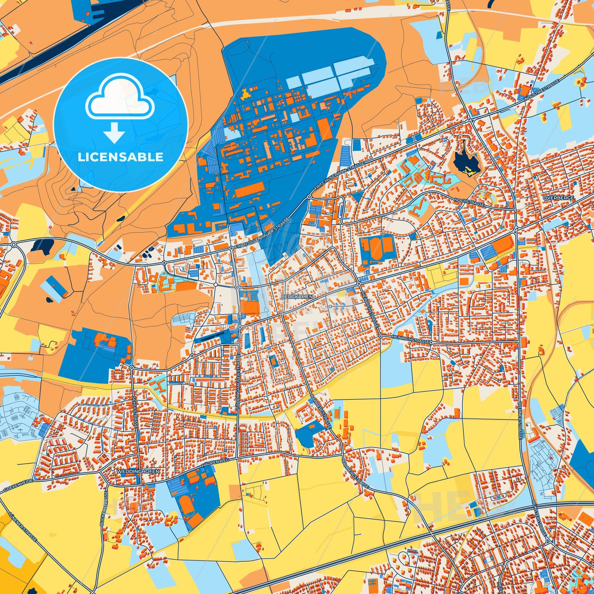 Colorful Bergkamen Street Map With Labels And Buildings – HEBSTREITS