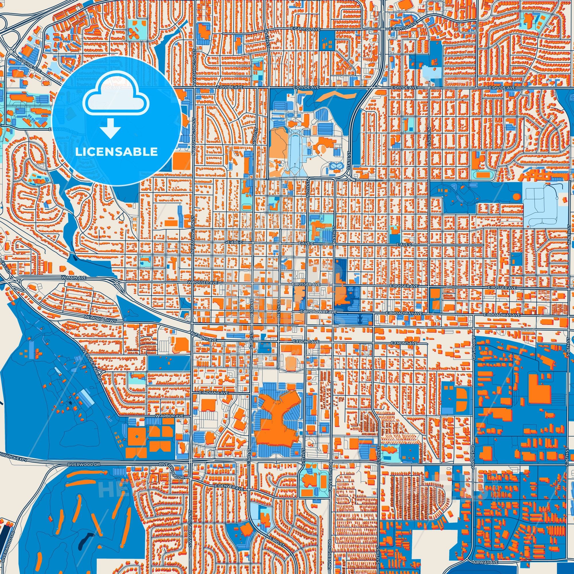 Colorful Bismarck Street Map With Labels And Buildings – HEBSTREITS