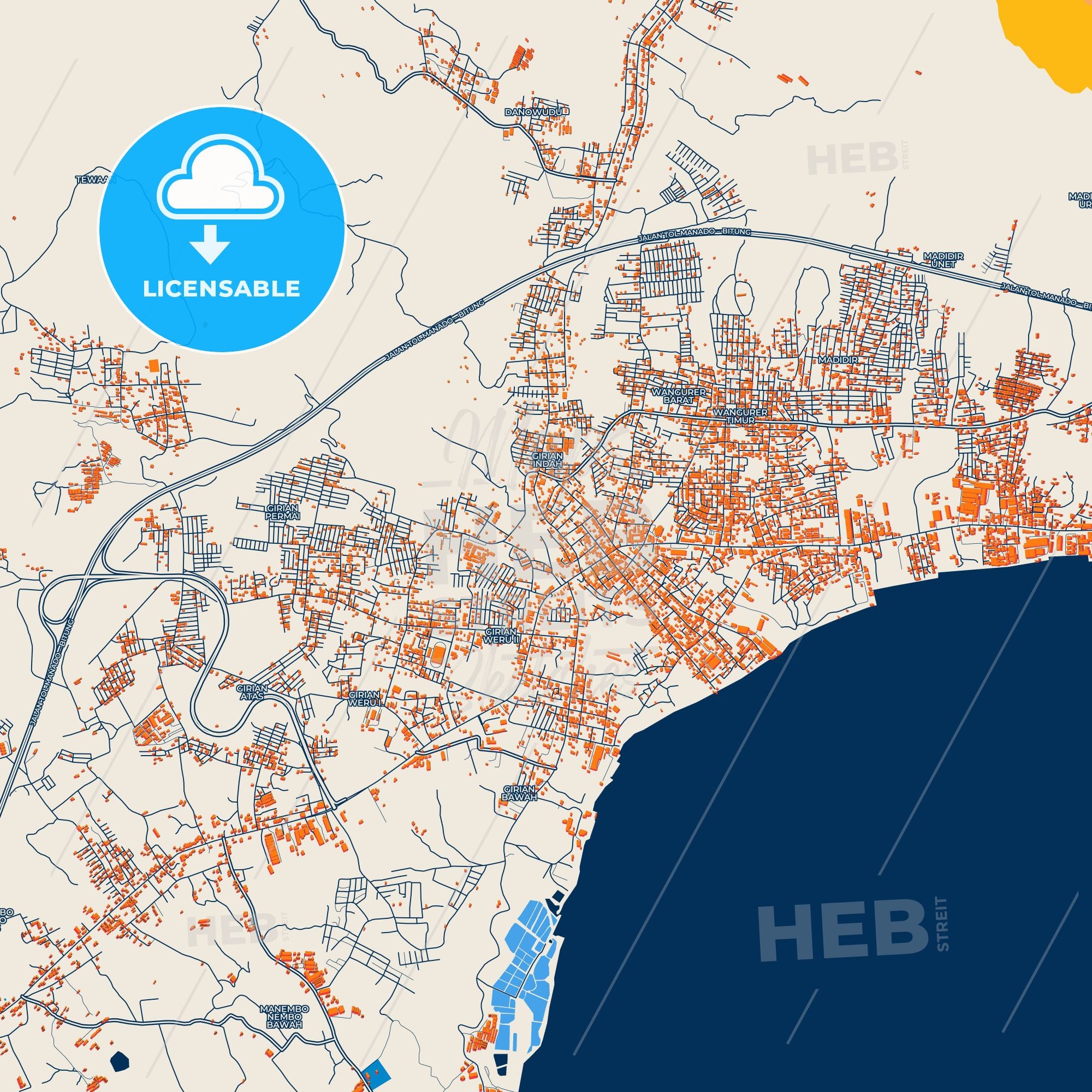 Colorful Bitung Street Map With Labels And Buildings – HEBSTREITS