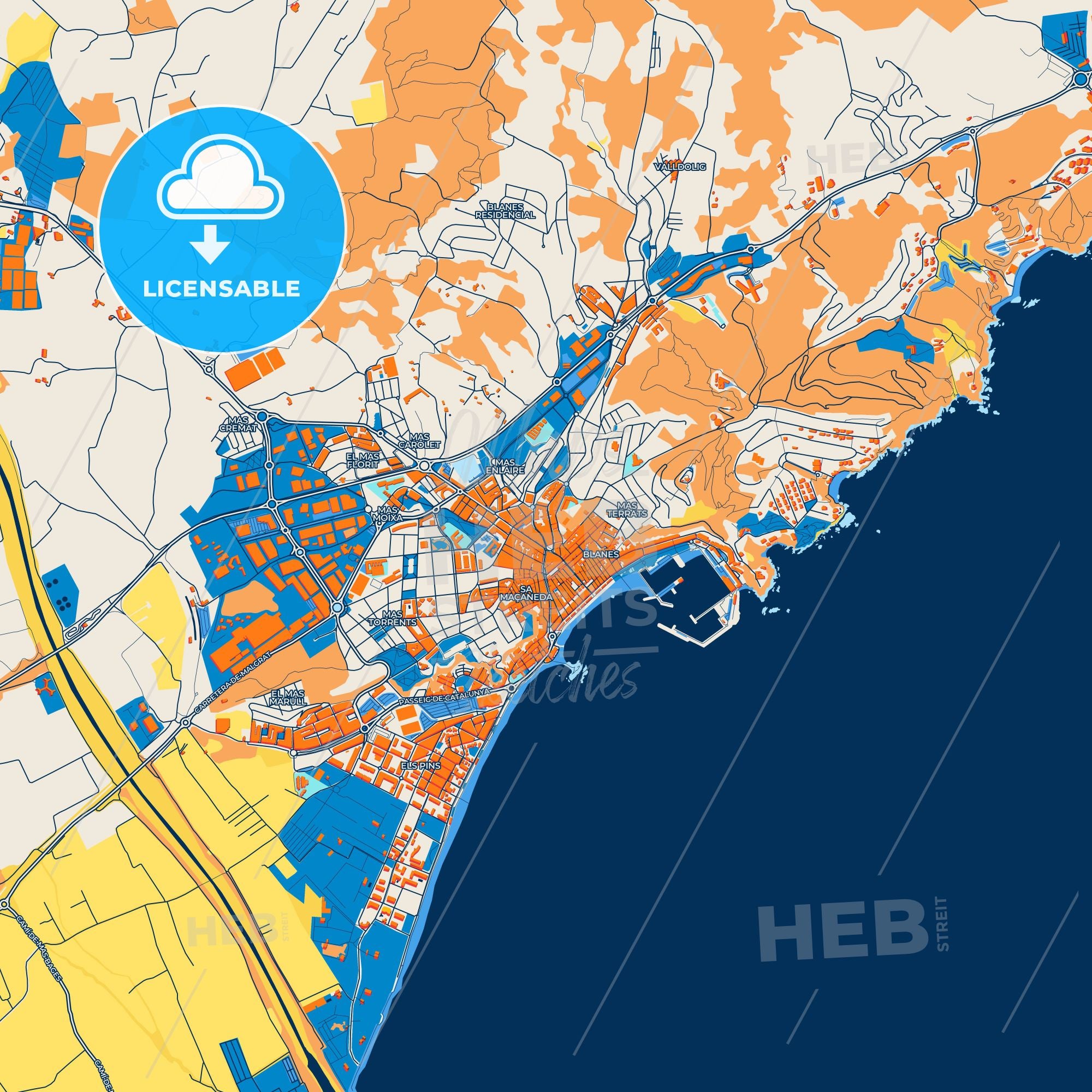 Colorful Blanes Street Map With Labels And Buildings – HEBSTREITS